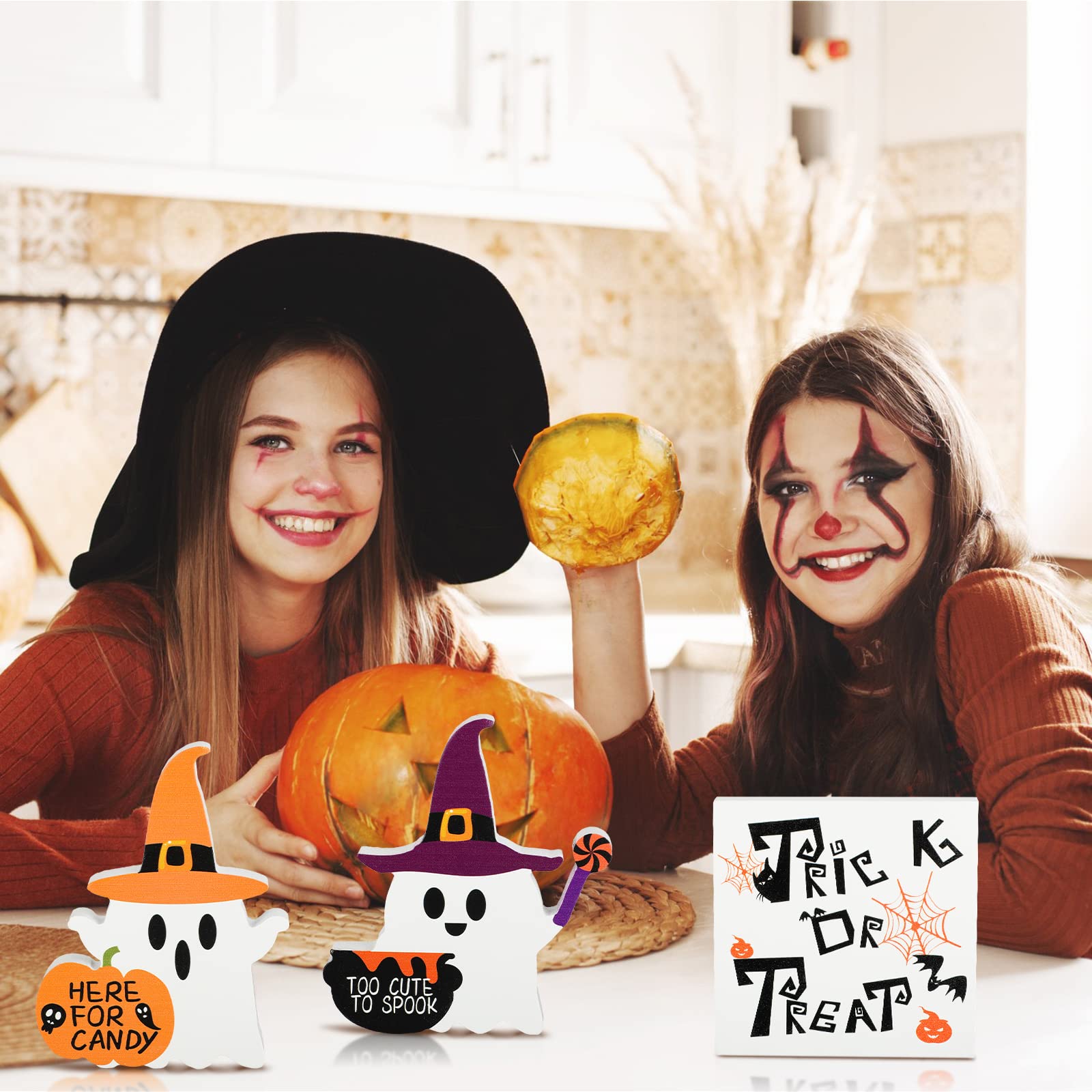 4 Pieces Halloween Decor Halloween Tiered Tray Decorations Tabletop Wooden Ghost Theme Table Centerpieces Cute Decor Boo Halloween Blocks Spooky Sign Trick or Treat Candy Sign for Home Shelf Party