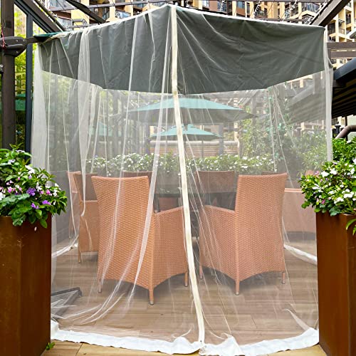 7.5-11 FT Beige Patio Umbrella Mosquito Net, Polyester Mesh Umbrella Screen, Universal Canopy Umbrella Mosquito Netting with Zipper Door and Adjustable Rope, Fits Outdoor Umbrellas and Patio Tables