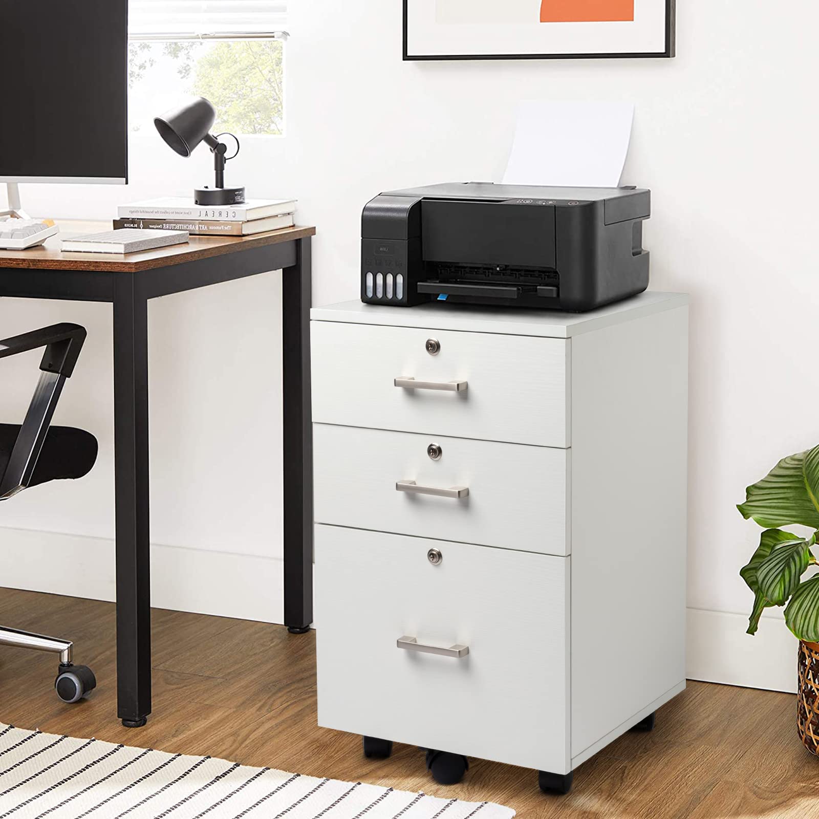 3 Drawer Rolling File Cabinet with Lock, Wood Under Desk Filing Cabinet fits Letter/Legal/A4 Size for Home Office,3-Drawer Mobile File Cabinet White 15.75" L x 15.75" W x 26.1" H