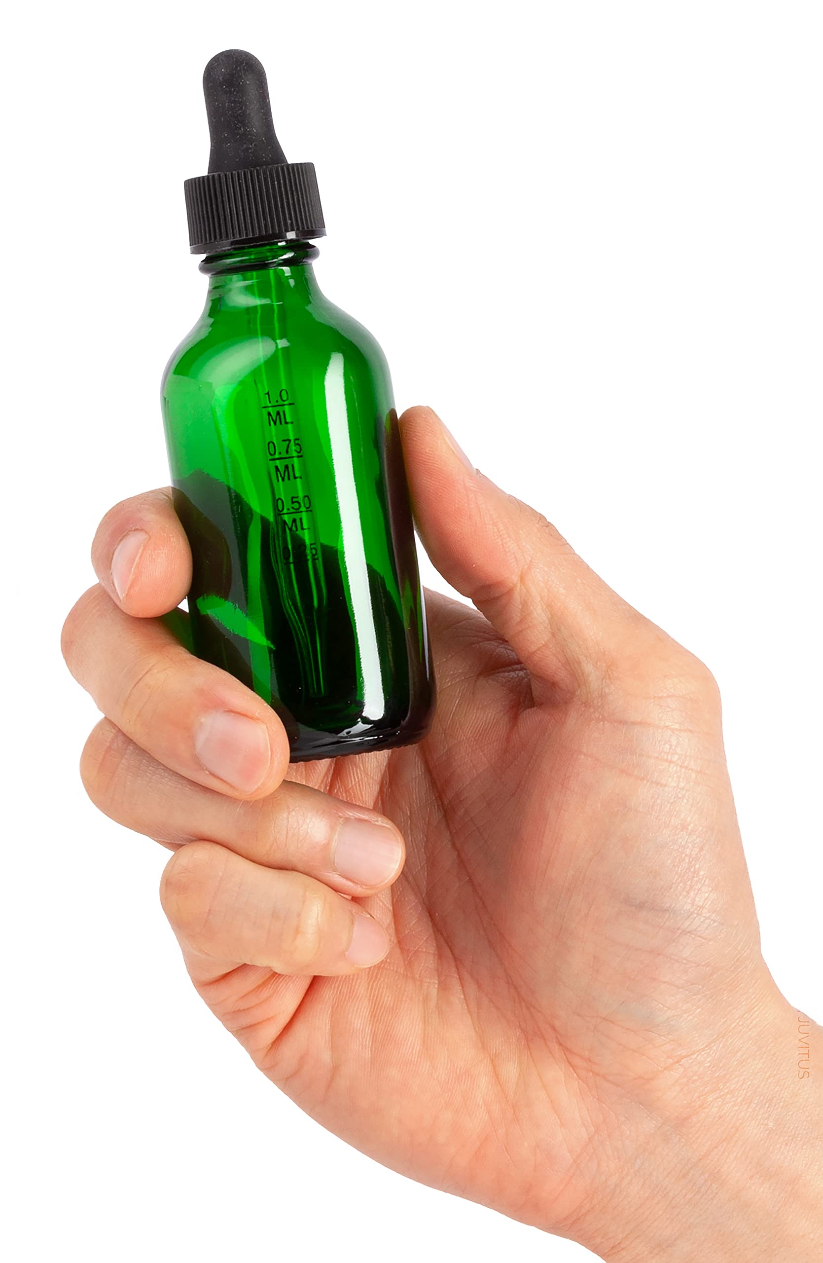 JUVITUS 2 oz / 60 ml Green Glass Boston Round Bottle with Graduated Measurement Dropper (6 Pack) + Funnel
