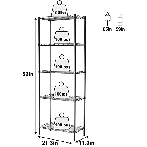 HOMEFORT 5-Shelving Unit,Adjustable Wire Shelving,Metal Wire Shelf with Shelf Liners and Hooks for Kitchen,Closet,Bathroom,Laundry,Black,21" W x 11" D x 59" H