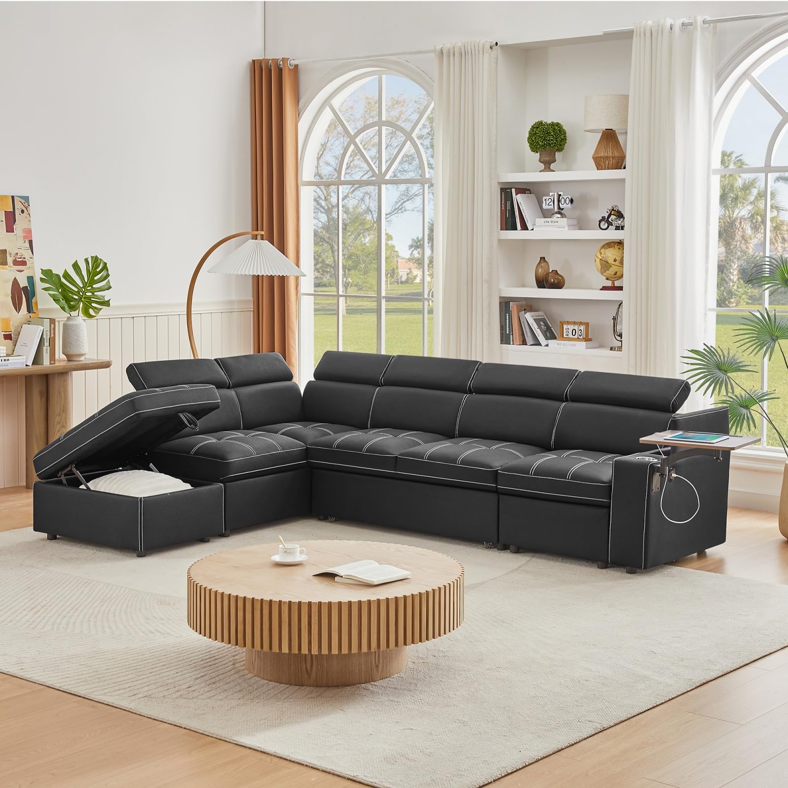 65'' Sleeper Sofa with Pull Out Bed, Convertible Sofa Couch for Living Room, Adjustable Backrest Sleeper Couch with 360 Degree rotatable Side Table for Living Room,RV