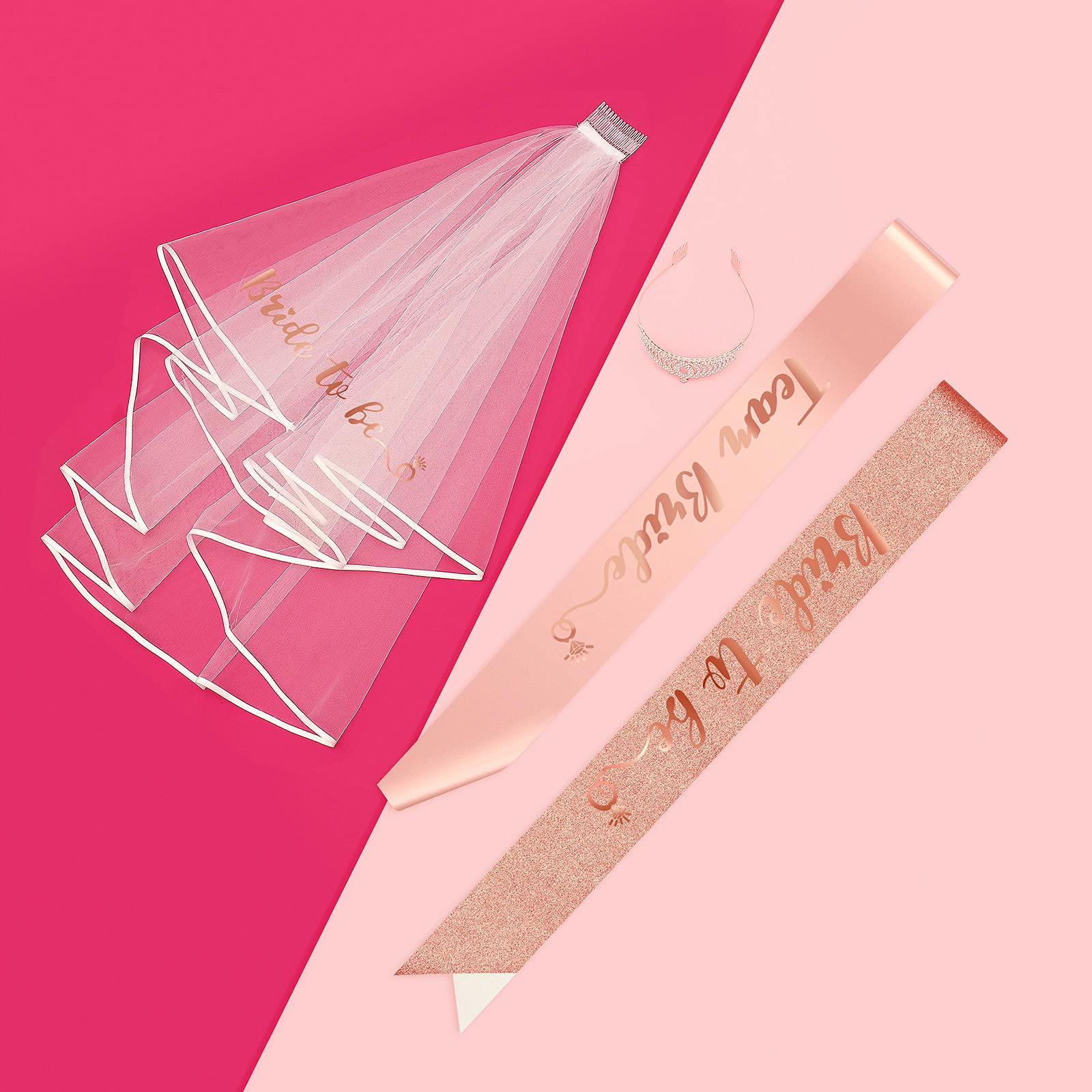 Bachelorette Party Decorations Kit, Bridal Shower Gift Supplies, Rose Gold Bride to Be Bachelorette Sash Veil Crown Tiara for Bride, Team Bride Tribe Sash for Bridesmaids