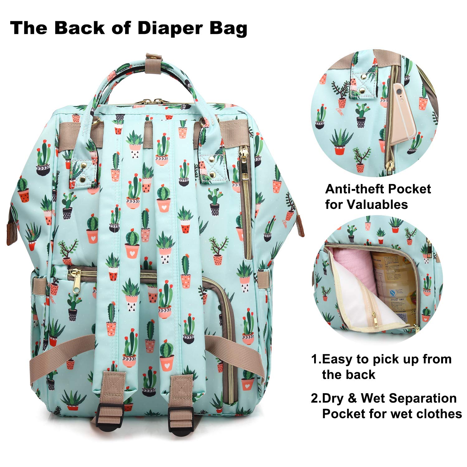 FEWOFJ Cactus Diaper Bag Backpack, Women Waterproof Travel Nappy Bag for Baby Care