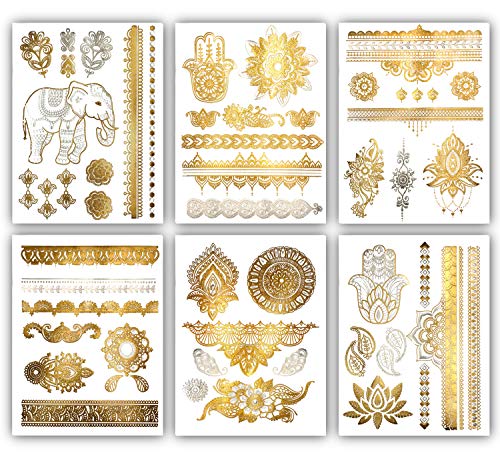 Terra Tattoos Gold Metallic Temporary Tats Geometric Henna Designs Waterproof Nontoxic Long Lasting Perfect for Beach, Festivals, & more! (Maya)