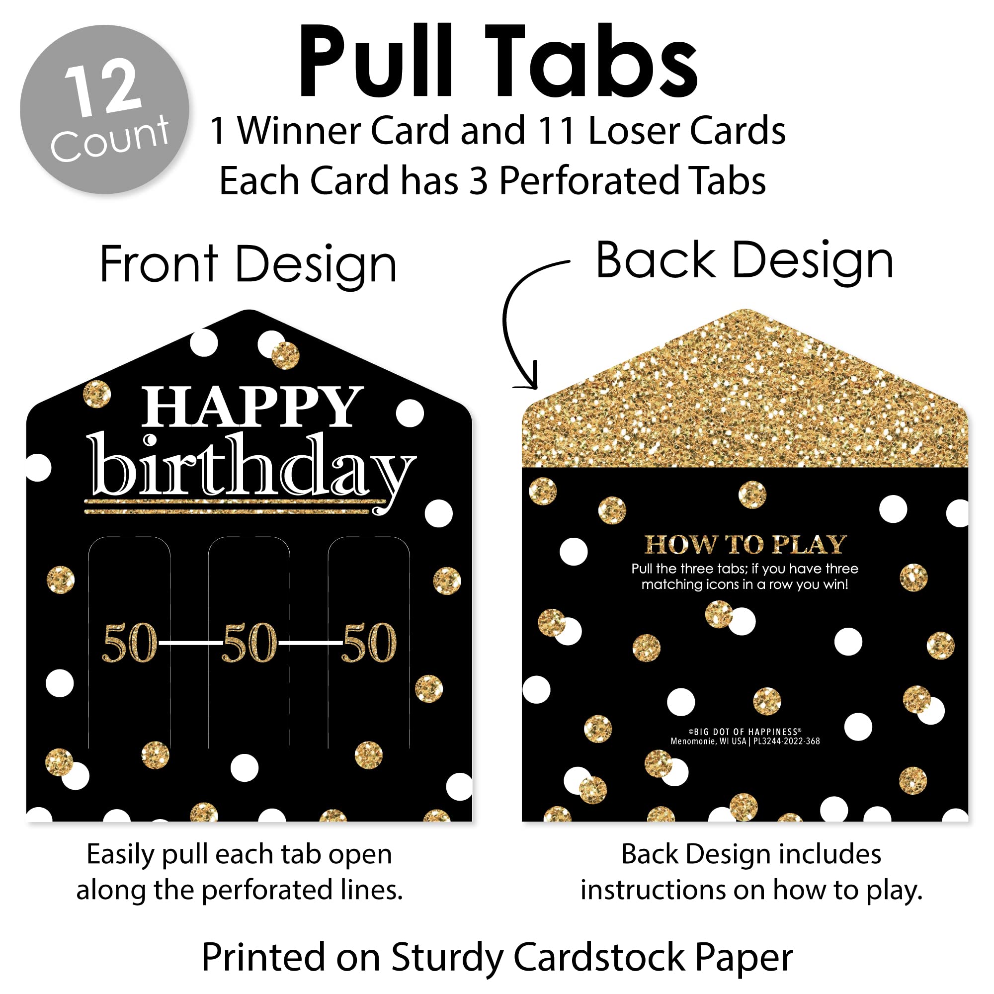 Big Dot of Happiness Adult 50th Birthday - Gold - Birthday Party Game Pickle Cards - Pull Tabs 3-in-a-Row - Set of 12