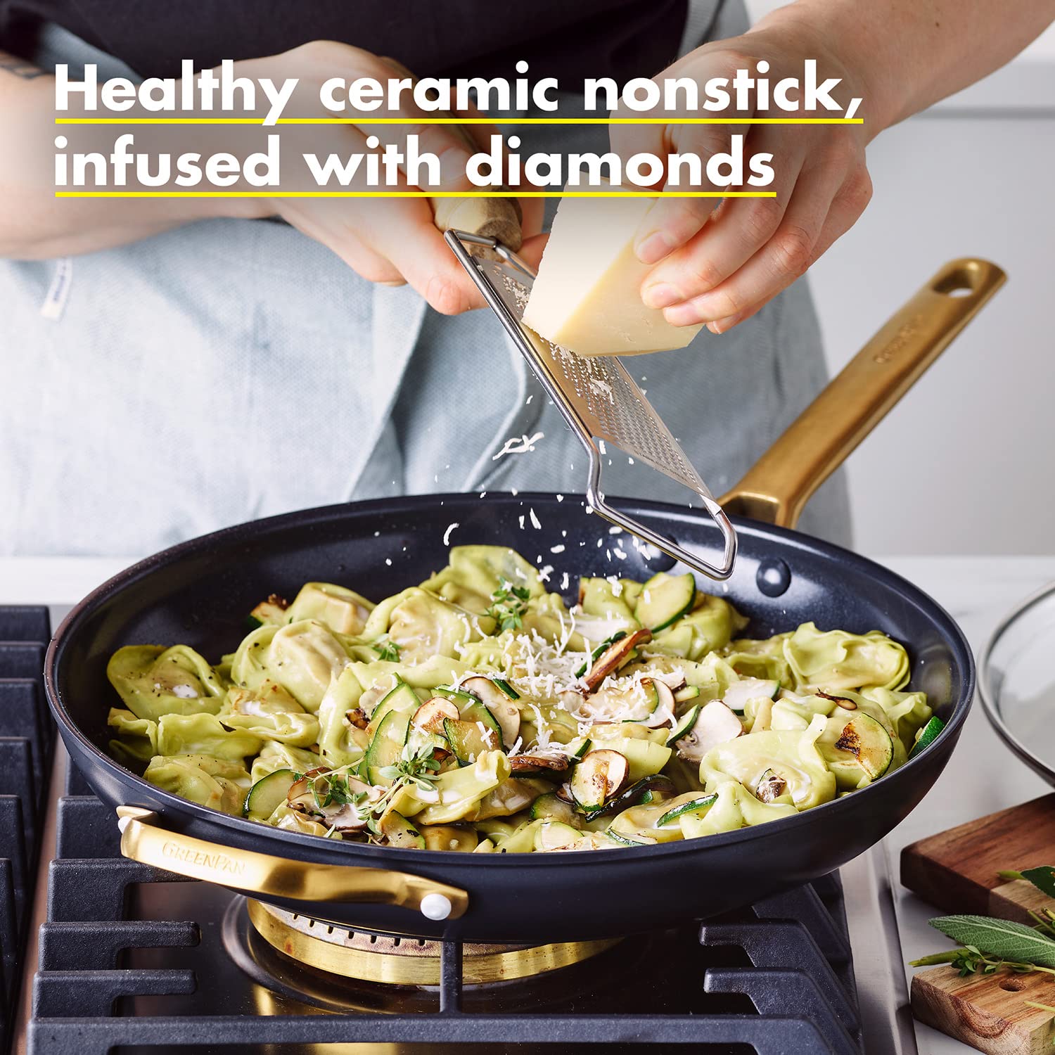 GreenPan Reserve Hard Anodized Healthy Ceramic Nonstick 12" Frying Pan Skillet with Helper Handle and Lid, Gold Handle, PFAS-Free, Dishwasher Safe, Oven Safe, Black