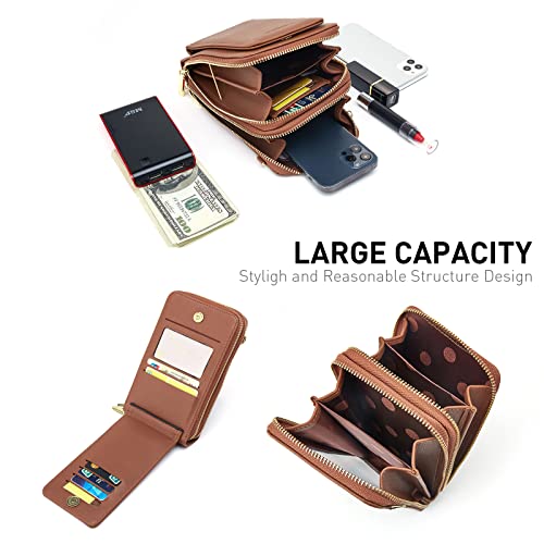 Cell Phone Crossbody Bag for Women Wallet Purse,PU Leather Touch Screen Mini Messenger Wallet with Credit Card Slots-Brown