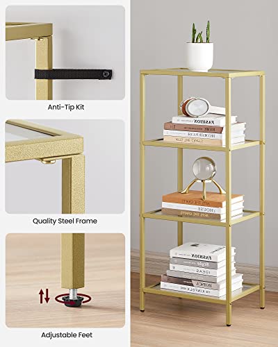 VASAGLE Bookcase, 4-Tier Bookshelf, Slim Shelving Unit for Bedroom, Bathroom, Home Office, Tempered Glass, Steel Frame, Gold Color ULGT28G
