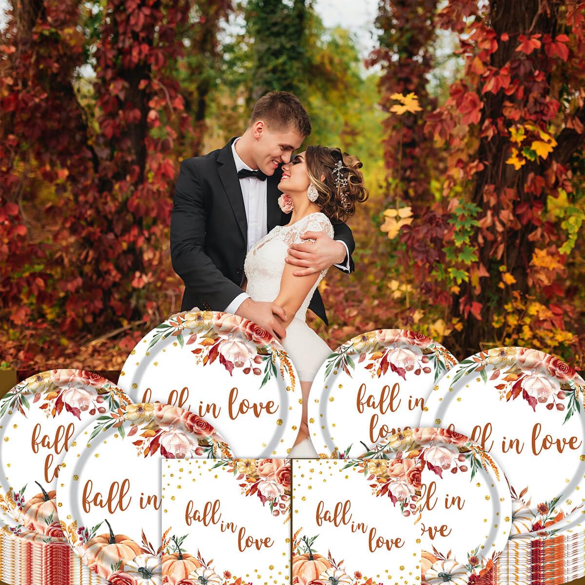 96Pcs Fall Bridal Shower Decorations Tableware Set, fall bridal shower Fall In Love Party Decorations Include Plates Napkins Forks Autumn Floral Bridal Shower Party Supplies Decorations