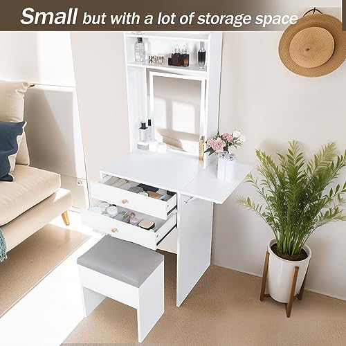 ARTETHYS Small Vanity Desk Set with 3 Adjustable Lighted Mirror and Storage Chair, Makeup Vanity Table for Small Space, White Dressing Table with Fold-up Panel for Bedroom
