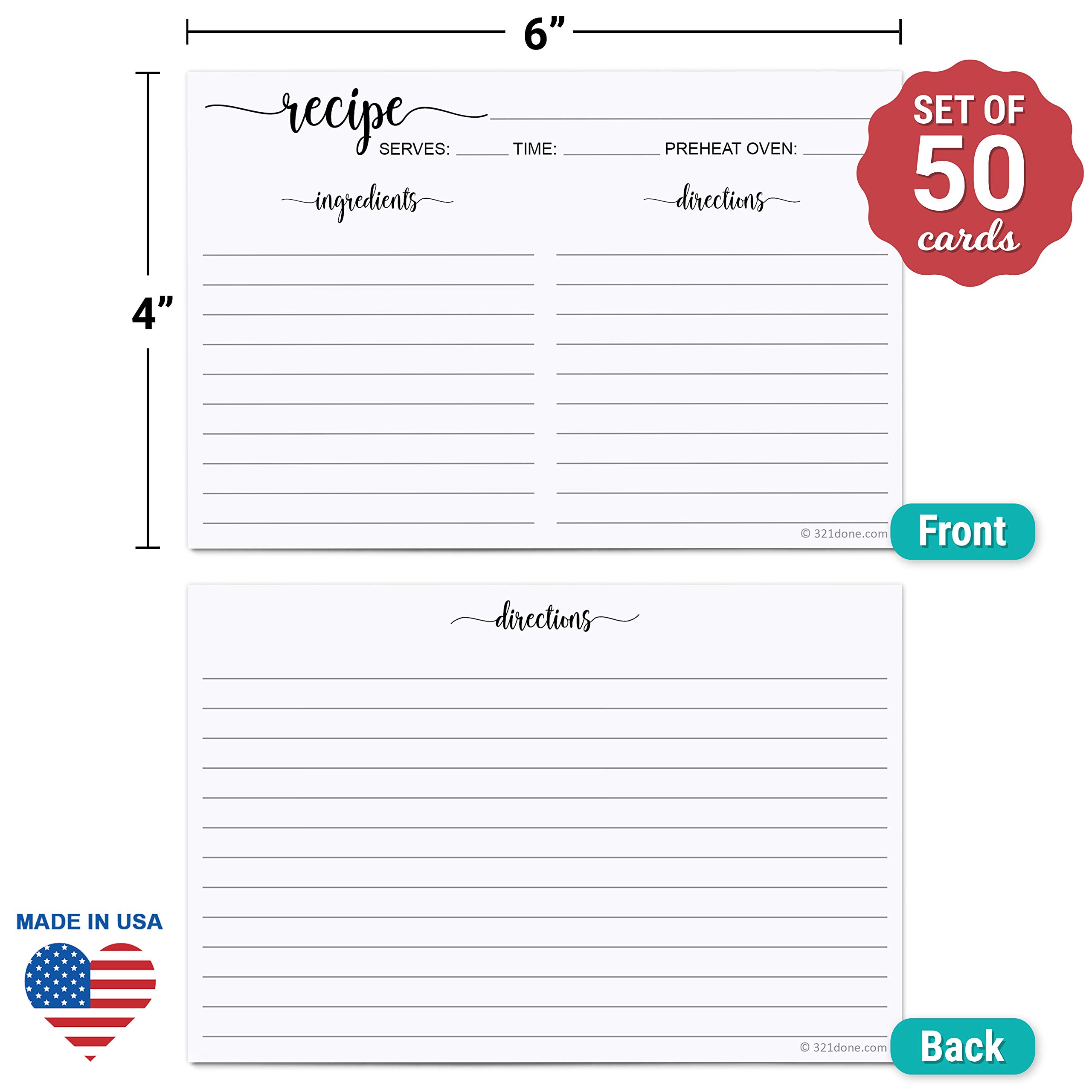 321Done Recipe Cards (Set of 50) 4x6 Large White - Black and White Minimalist for Weddings, Bridal Shower - Double-Sided - Made in USA