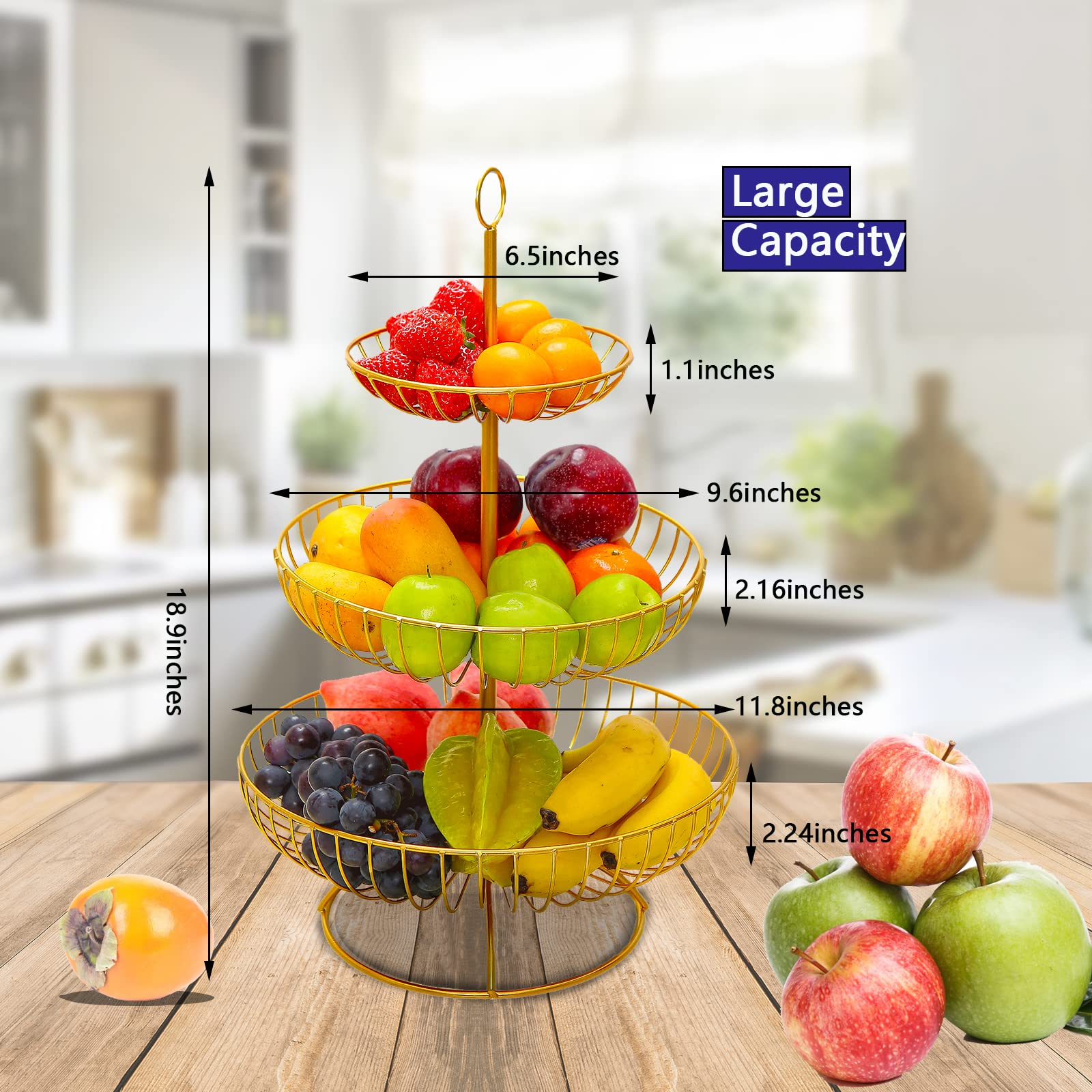 3 Tier Kitchen Countertop Fruit Basket Bowl for Bread Vegetables Snack Storage, Removable Organizer Shelf Storage Rack, Modern Design Tiered Fruit Holder Stand,for Gifts Home Party(round head gold)