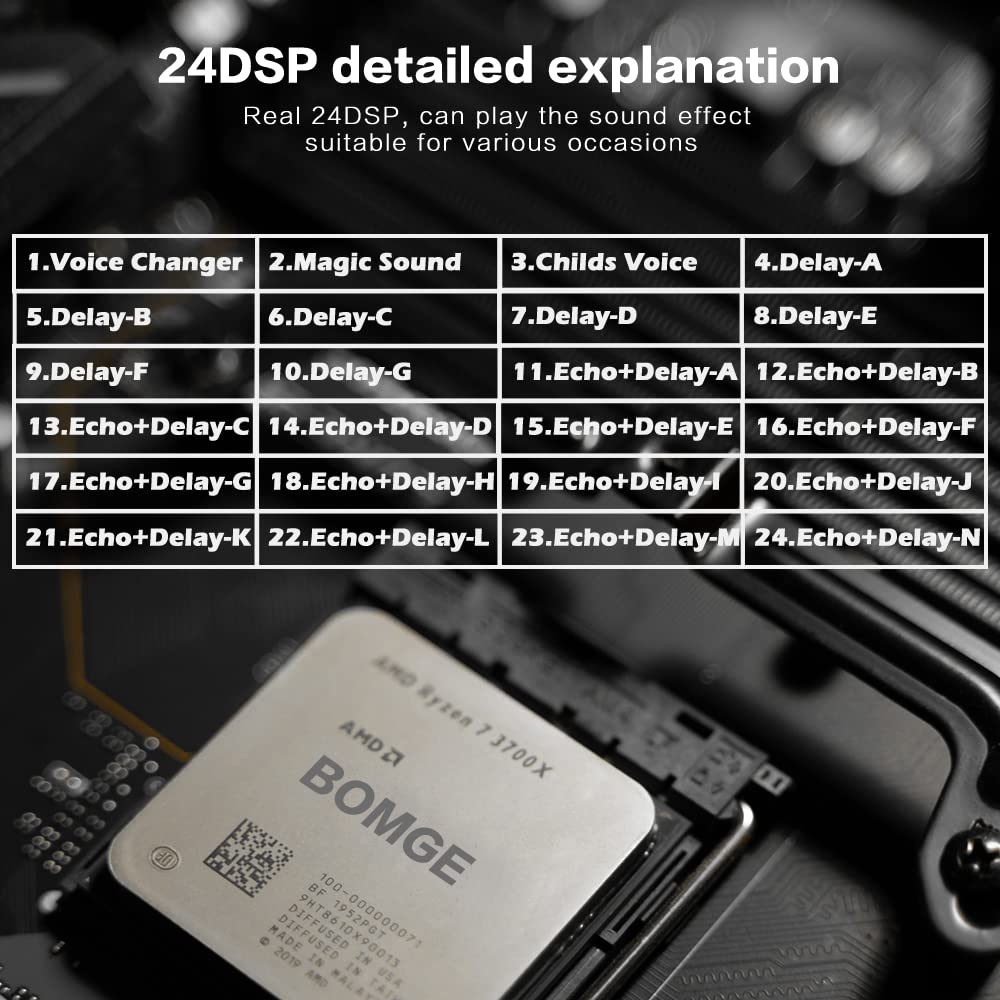 BOMGE 4 Channel mini DJ Audio Sound Mixer Interface with MP3、 USB, Bluetooth, Stereo Recording, 48V Phantom Power, 24 DSP for karaoke, performance, church singing 、 podcas streaming