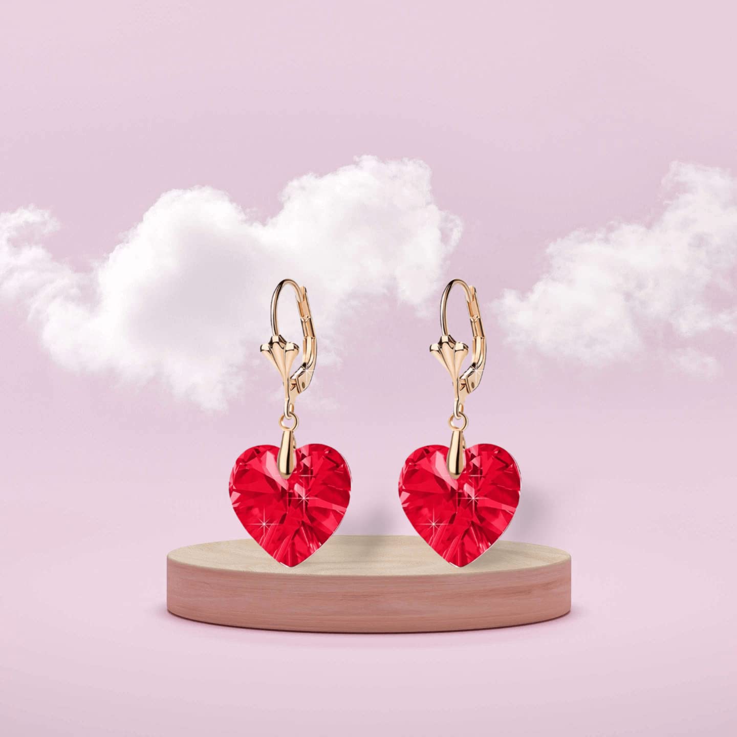 Austrian Crystal Heart Drop Leverback Earrings for Women Fashion Dangle Earring 14K Rose Gold Plated Hypoallergenic Jewelry (Red)