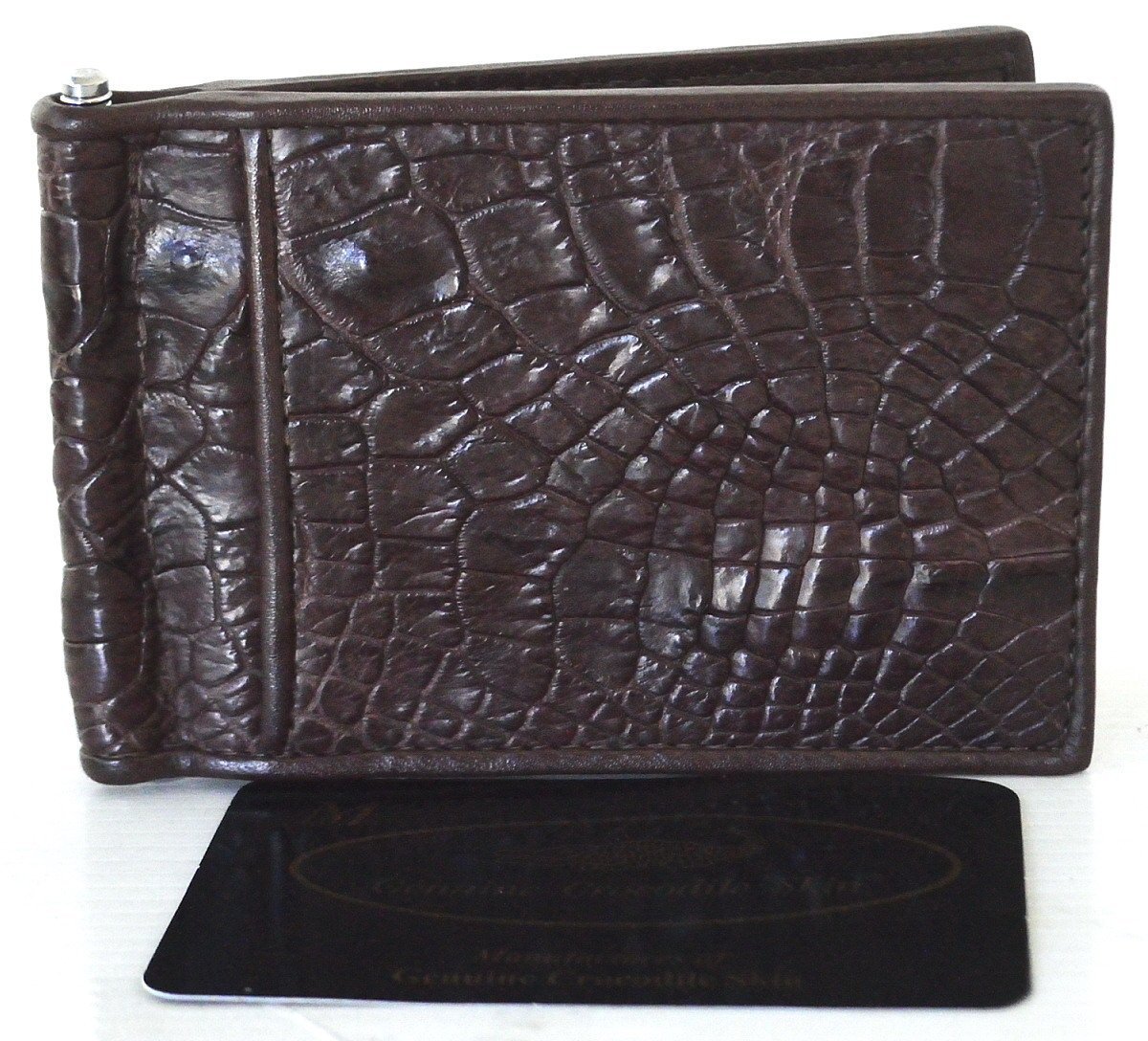 Authentic M Crocodile Skin Men's Money Clip Belly Leather Wallet Dark Brown