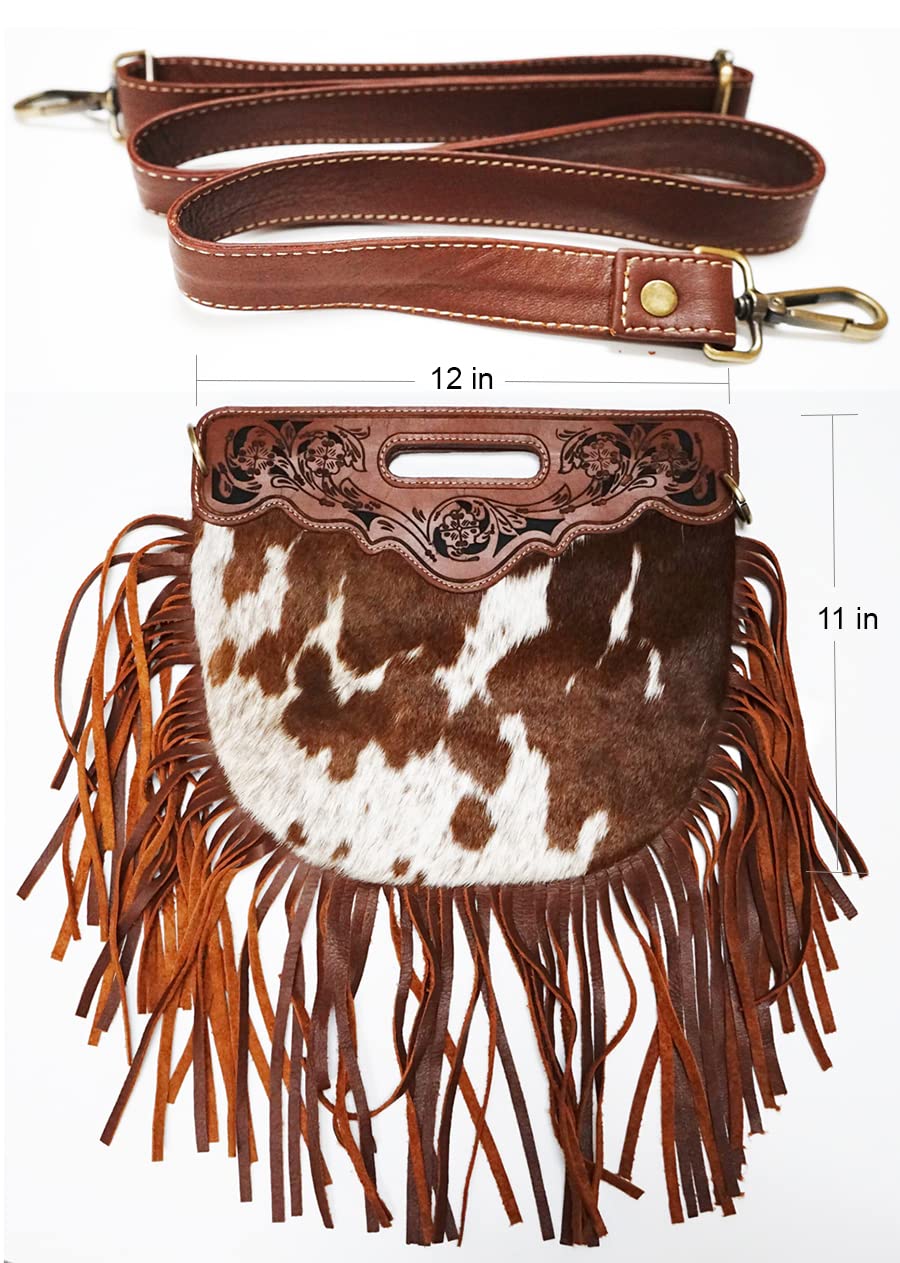 bonanza leathers women's cowhide handbag crossbody shoulder leather bag with fringes button closure H8 (Brown)