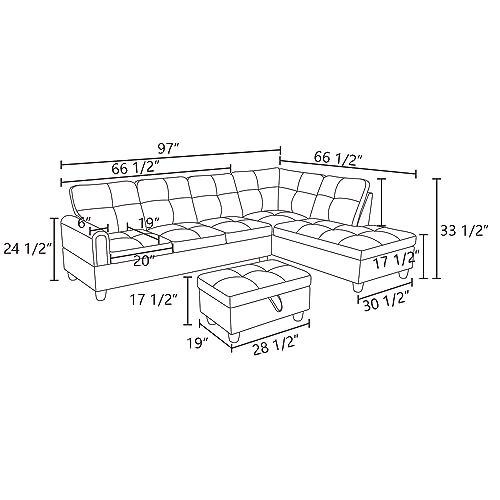 97” W Sectional Sofa with Chaise, Modular Sectional Sofa Set, Flannel Convertible Sectional Couch L Shaped Couch with Chaise, U Shaped Modular Sofa with Storage, Couches for Living Room, Dark Grey