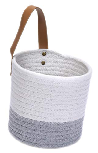 2pack Small Hanging Basket-Cotton Rope Wall Basket with Handle, Hanging Storage Basket, Shelf Baskets Storage Bin Closet Organizer 6"×6.3", Woven Plant Basket - (White & Grey)
