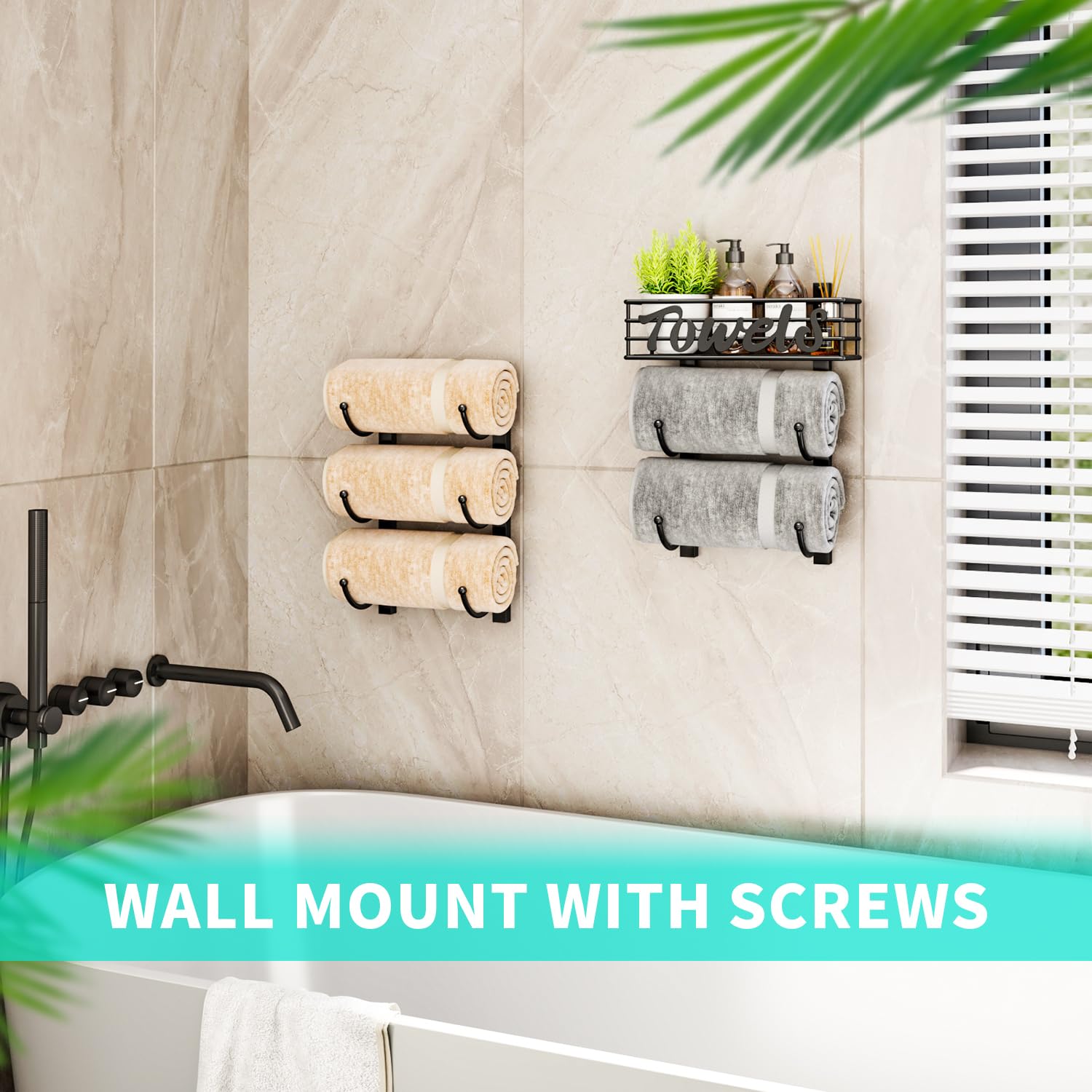 HapiRm 6-Tier Over The Door Towel Racks for Bathroom - Wall Mount Towel Holder with Metal Shelf Basket - Rolled Towel Storage Door Hanging Bath Towel Organizer for Small Bathroom, Camper, Rv - Black