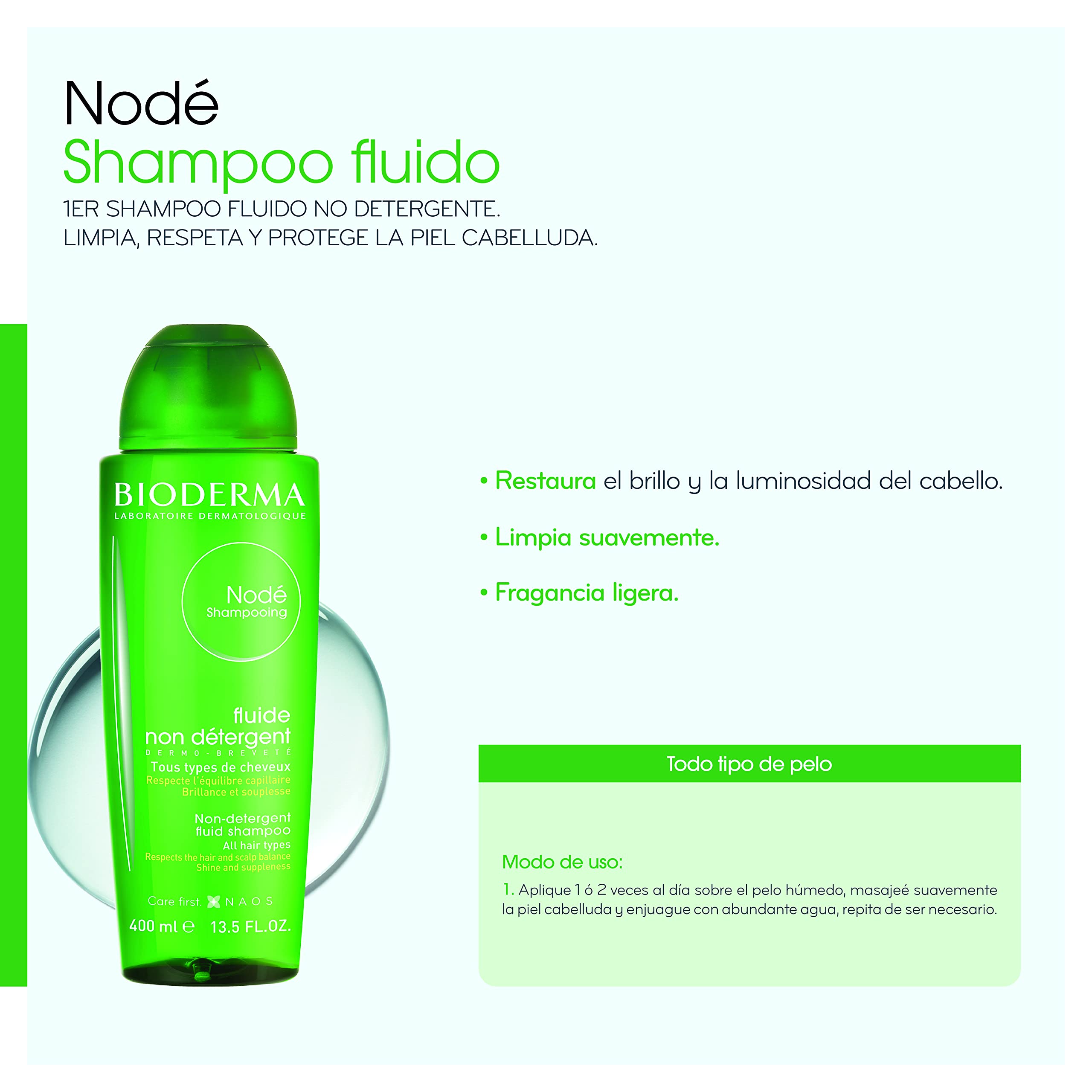 Bioderma - Nodé - Fluid Shampoo - Respects the Hair and Scalp Balance - Brings Shine and Suppleness - Shampoo for All Hair Types , 13.53 Fl Oz (Pack of 1)