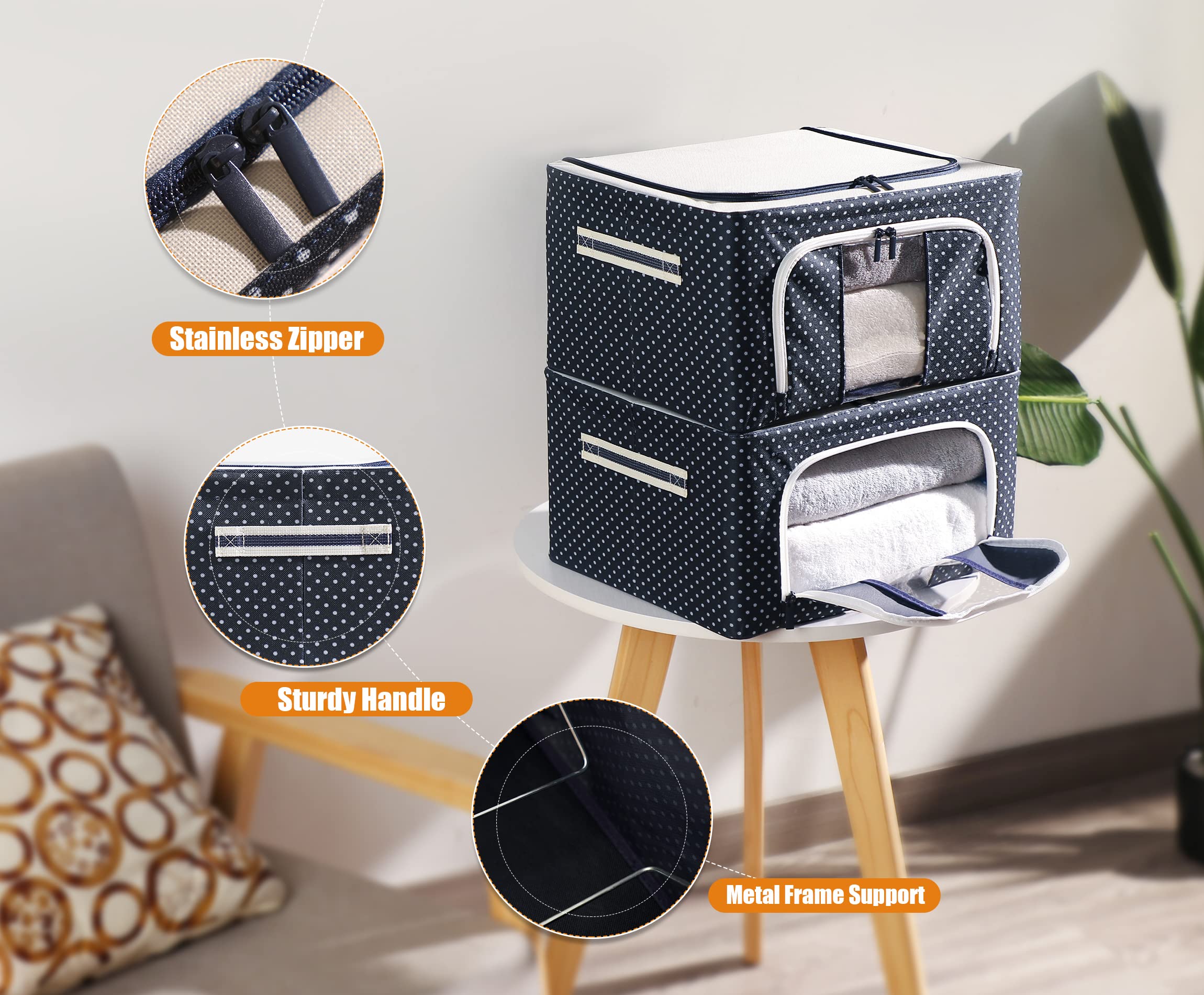 Furnhome Clothes Storage Organizer Bins, Foldable Storage Bins-Oxford Cloth Steel Frame Storage Box for Clothing Storage with Foldable Clear Window & Reinforced Handles (Navy Dots, 22L, 3PCS)…
