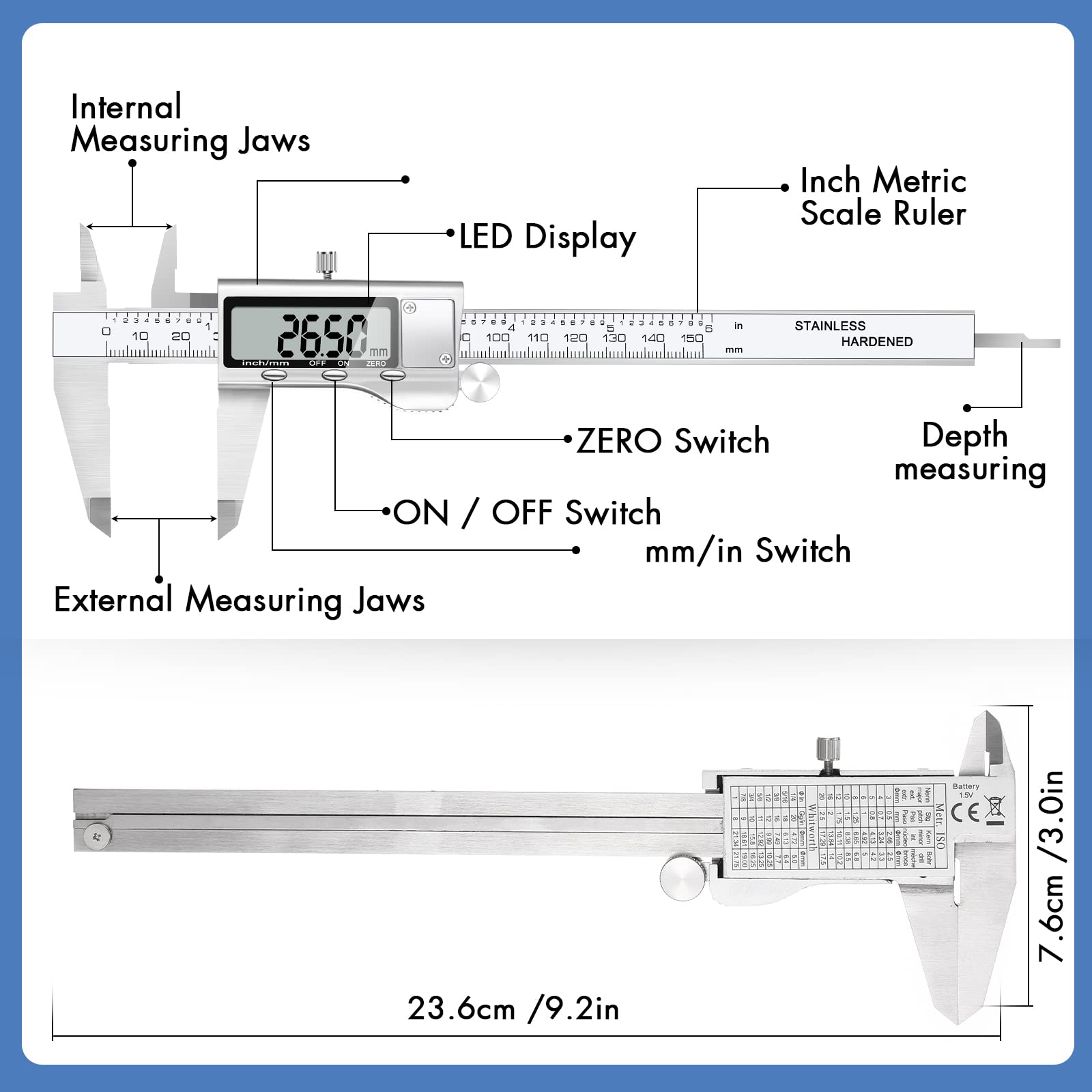 Simhevn Digital Caliper Measuring Tool, Stainless Steel Vernier Caliper Digital Micrometer with Large LCD Screen, Easy Switch from Inch Metric Fraction, 6 Inch/150mm Caliper Tool for DIY/Household