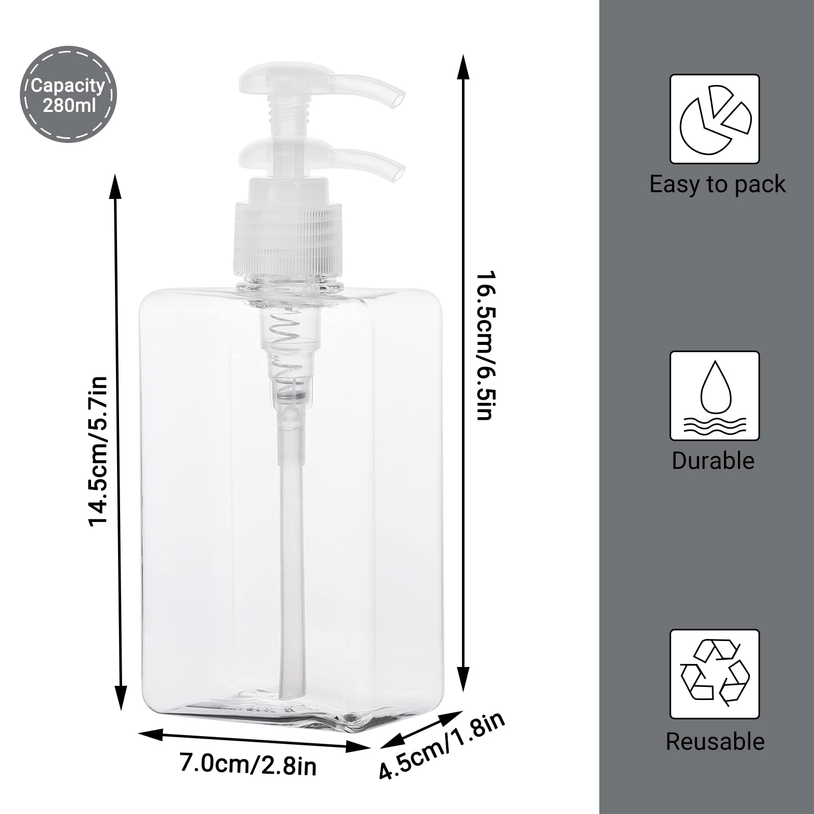 Suream Refillable Shampoo and Conditioner Bottles, 9.5oz/280ml Clear Plastic Pump Dispensers for Shower, Square Empty Bathroom Bottle for Body Wash, Essential Oil, Soap Liquid, Lotion, 3Pack