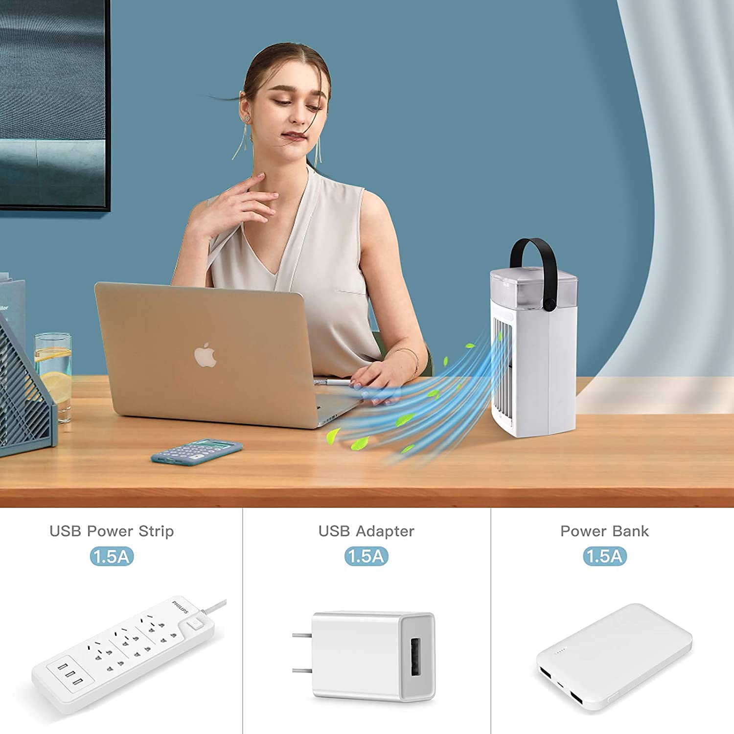 Personal Air Conditioner Fan, Small Air Conditioner Fan, Portable Air Cooler Mini Air Conditioner Fan with 3 Wind Speed, Evaporative Air Humidifier, Desktop Cooling Fan with LED Light for Office, Home