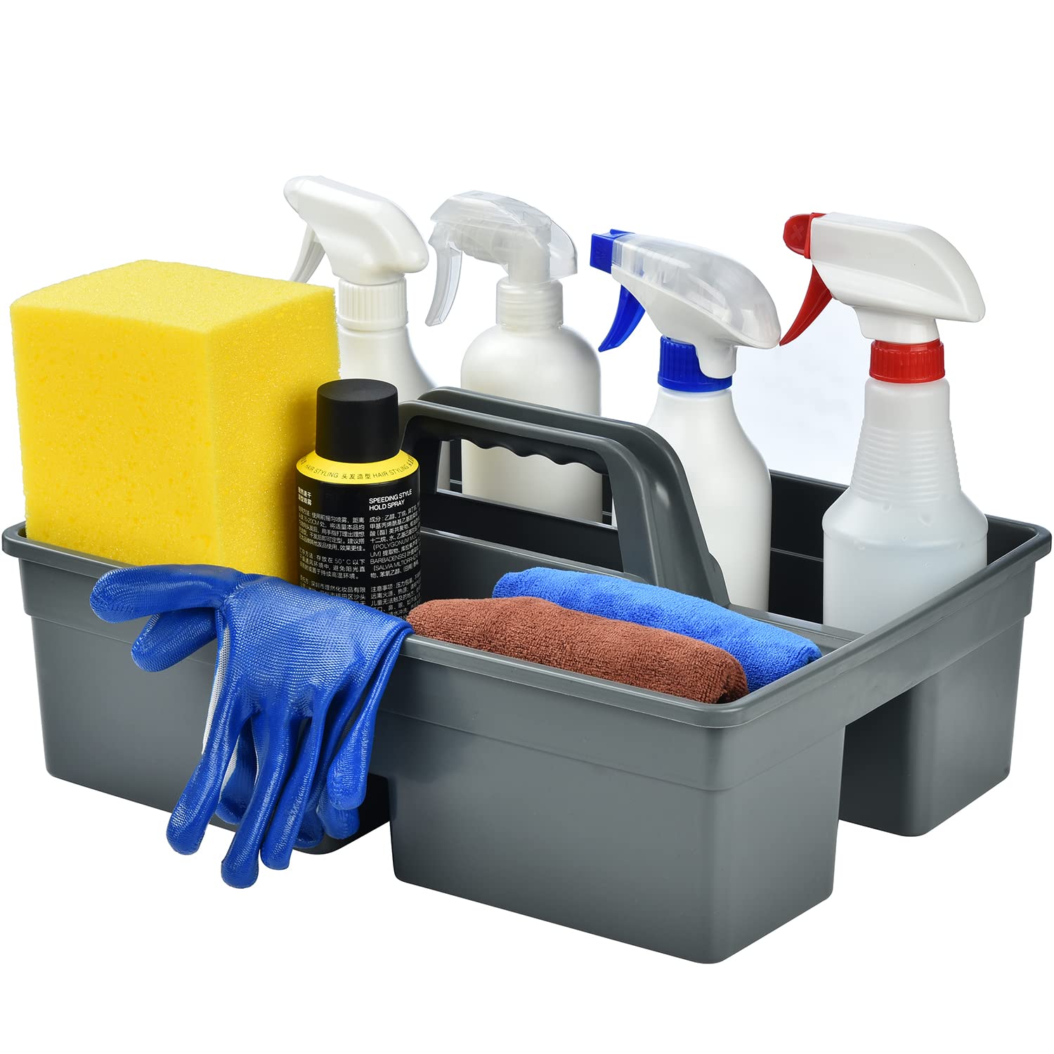 3-Compartment Plastic Cleaning Caddy Tray– Stackable Large Commercial Quality Plastic Tool Organizer Bucket with Handle, Grey