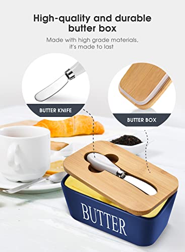 AISBUGUR Large Butter Dish with Lid Ceramics Butter Keeper Container with Knife and High- quality Silicone Sealing Butter Dishes with Covers Good Kitchen Gift Blue