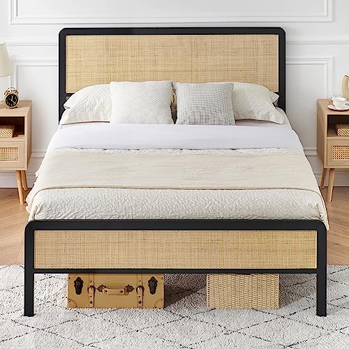 Alkmaar Queen Size Metal Bed Frame with Rattan Headboard and Footboard, Platform Bed Frame with Safe Rounded Corners, Under Bed Storage, Strong Metal Slat Support, No Box Spring Needed