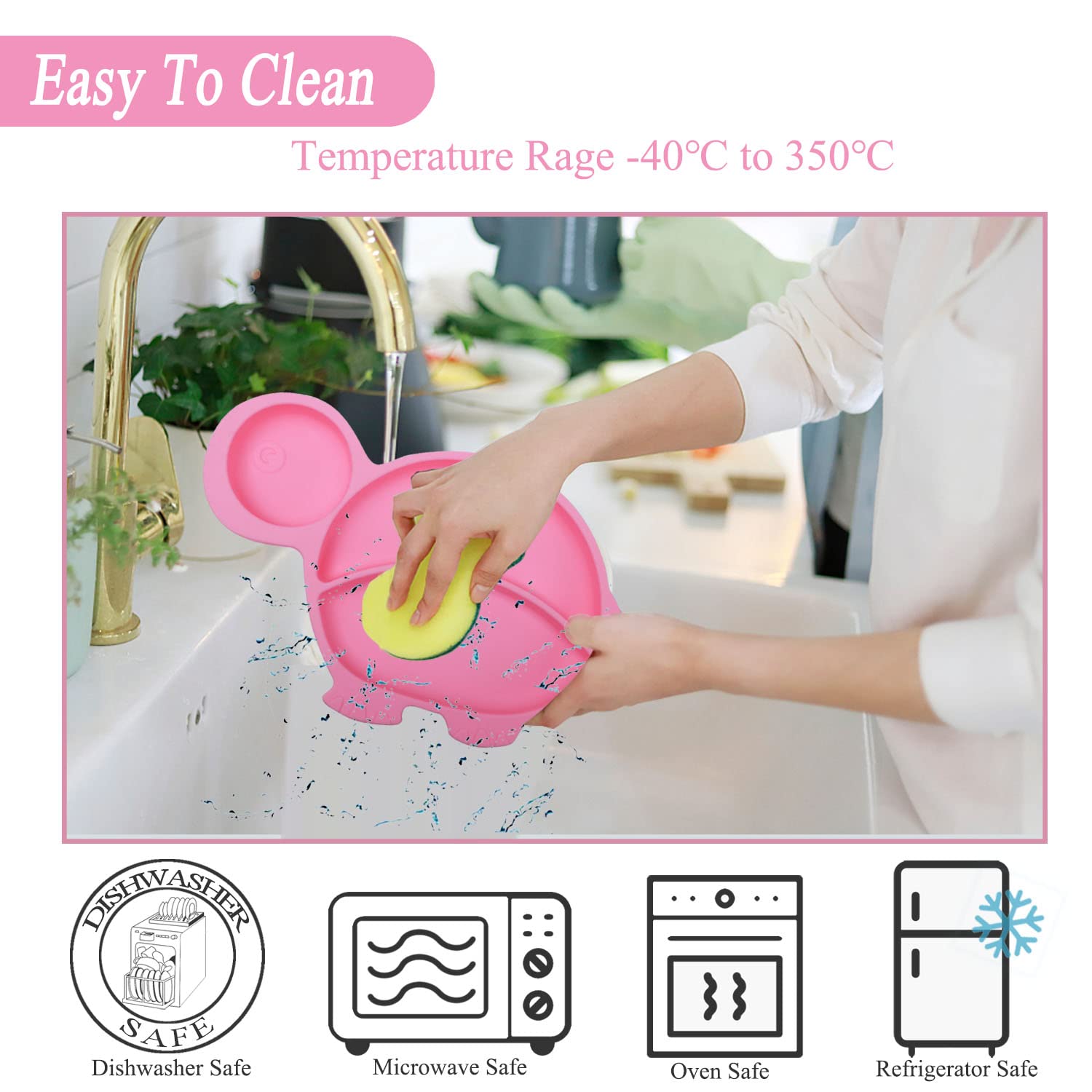 NICINGU Silicone Suction Plate spoon fork sets for Toddlers,Divided Plate Dish Placemat Bowl for Baby Kids Infant Self Feeding Training,Fits Most Highchairs, BPA Free Microwave Dishwasher Safe-Pink