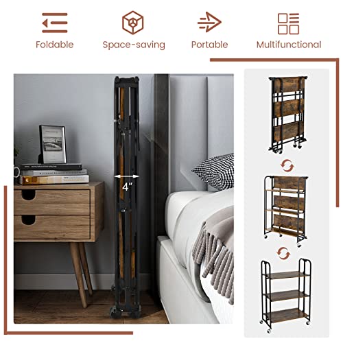 Giantex Foldable Storage Shelves with Wheels, No Assembly 3-Tier Rolling Cart, 2 of The Wheels Have Locks, Microwave Utility Cart Baker Rack, Portable Storage Rack w/Metal Frame, for Kitchen, RV