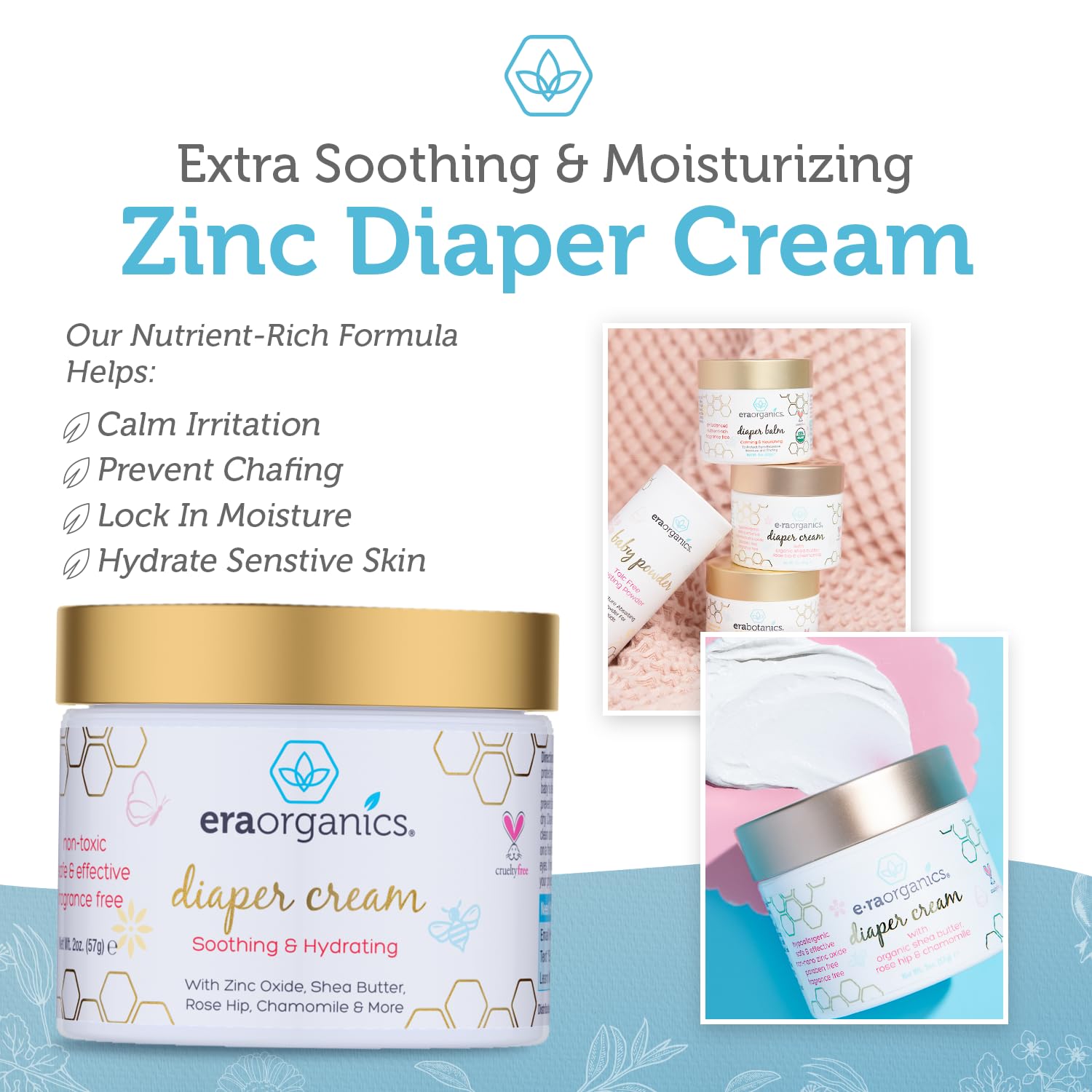 Era Organics Diaper Rash Cream For Baby - Extra Soothing and Moisturizing with Zinc Oxide, Organic Aloe Vera, Chamomile, Calendula Plus More - Gentle Butt Rash Moisturizer