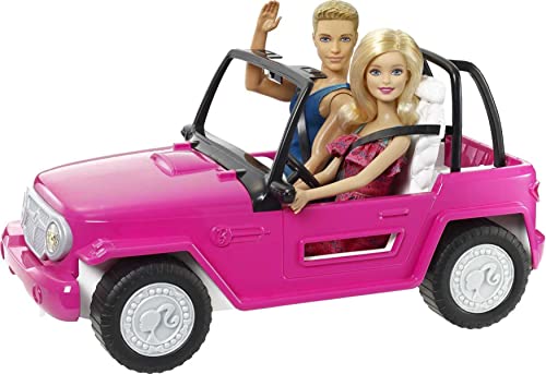 Barbie Car Beach Cruiser with Doll in Sundress and Ken Outfit, Pink 2-Seater Open Toy