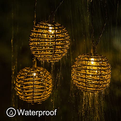 ALL FORTUNE Outdoor Solar Decorative String Lights, 10 LED Warm White Patio Umbrella Lights with Brown Wire Plastic Rattan Balls, for Patio Porch Gazebo Yard Garden Backyard Decor
