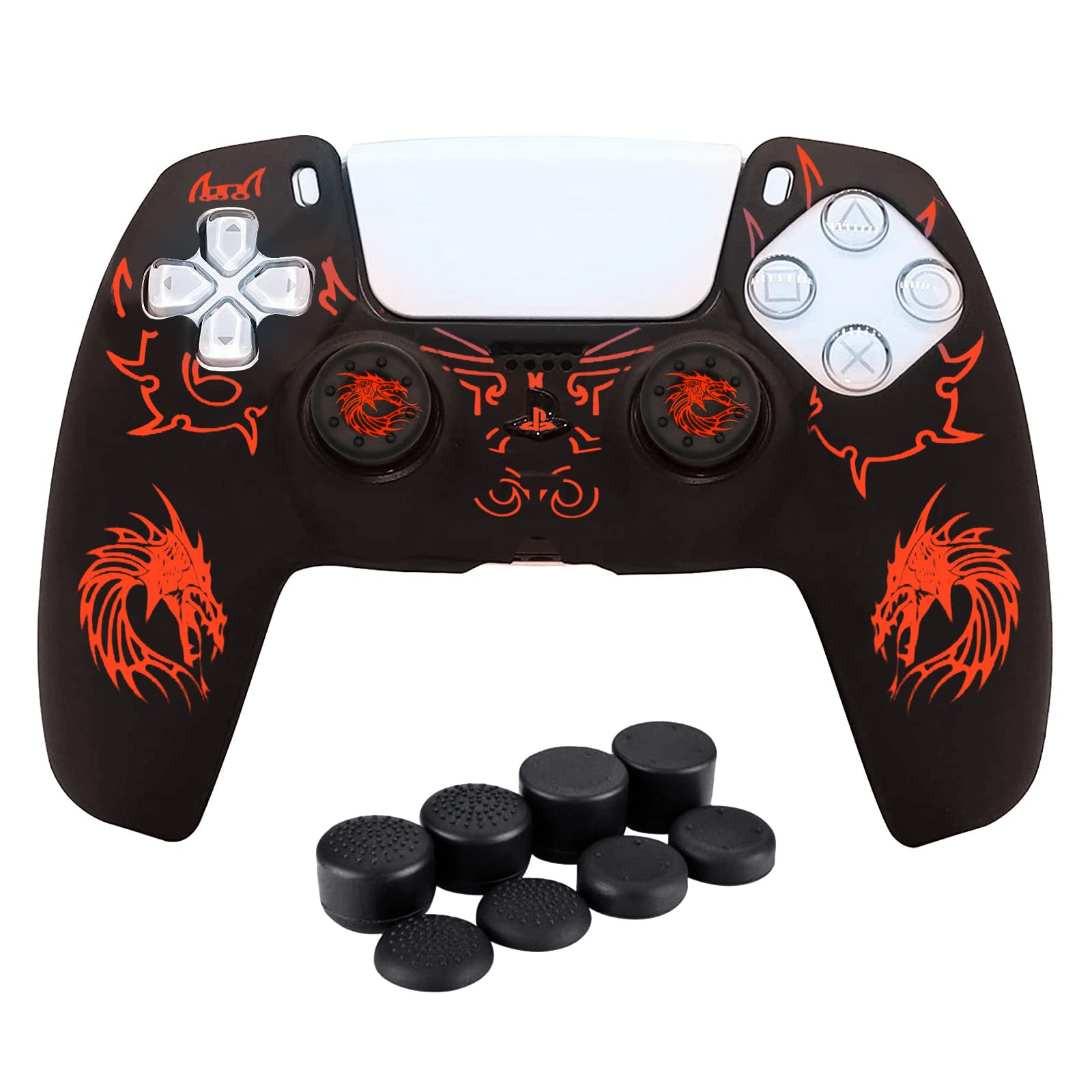 HLRAO silicone case with laser engraved dragon (radiation) for PS5 controller + x2 laser dragon pattern thumb grips and 8 thumb grips.