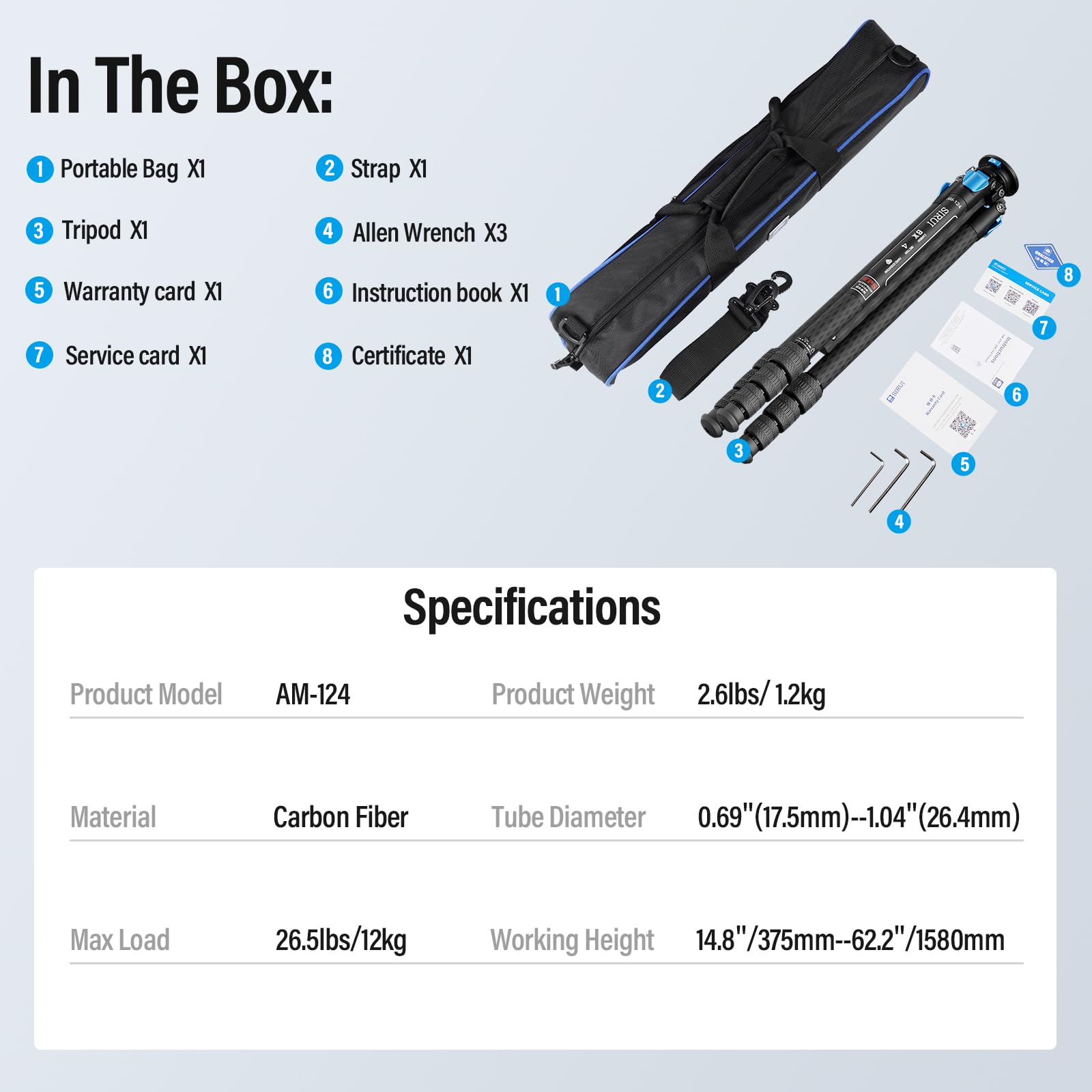 SIRUI AM-124 Carbon Fiber Tripod with Triangular Center Column, 62.6" Compact TravelTripod for Camera, 4 Sections, Waterproof Twist Lock, Load 26.5lbs