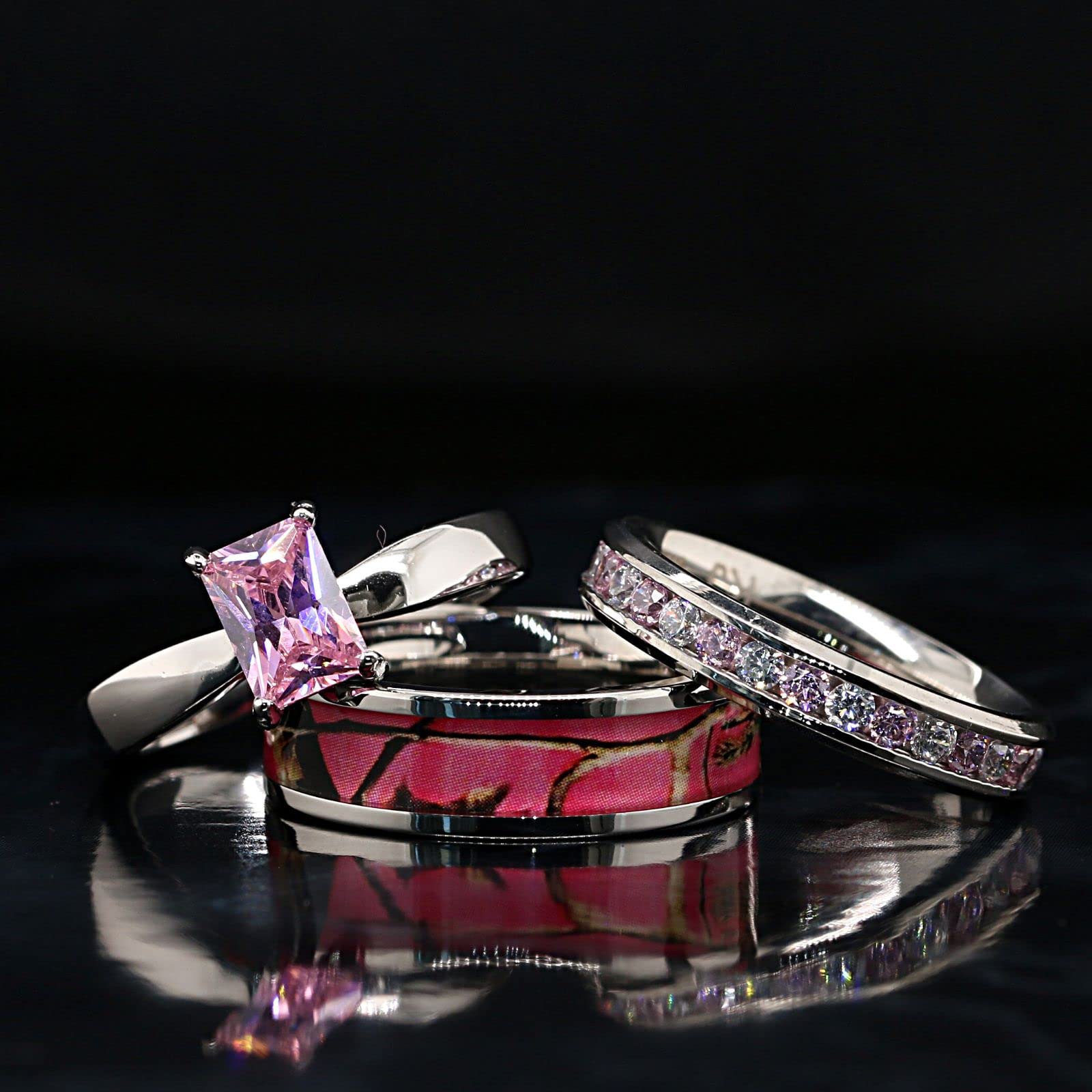 3 pieces Pink Women`s Stanless Steel Camo and Sterling Silver Tourmaline Engagement Wedding Rings Set (7)