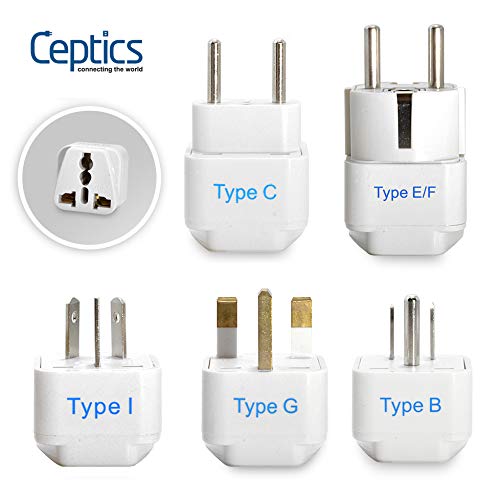 Ceptics Adapter Plug Set for World Wide International Travel Use - Grounded Safe - Works with Cell Phones, Chargers, Batteries, Camera, and More