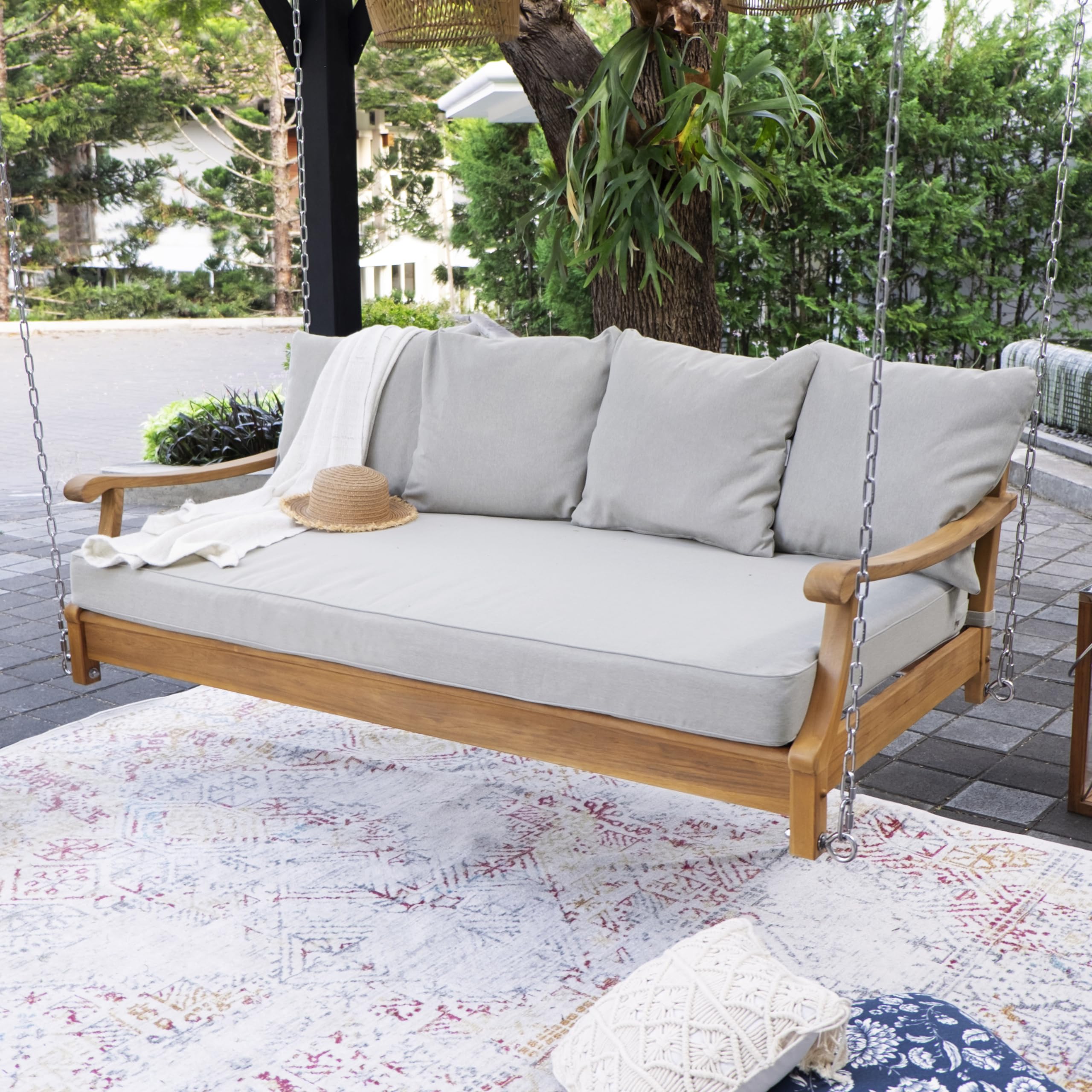 Cambridge Casual Robin Teak Wood Outdoor Swing Daybed Oyster Cushion