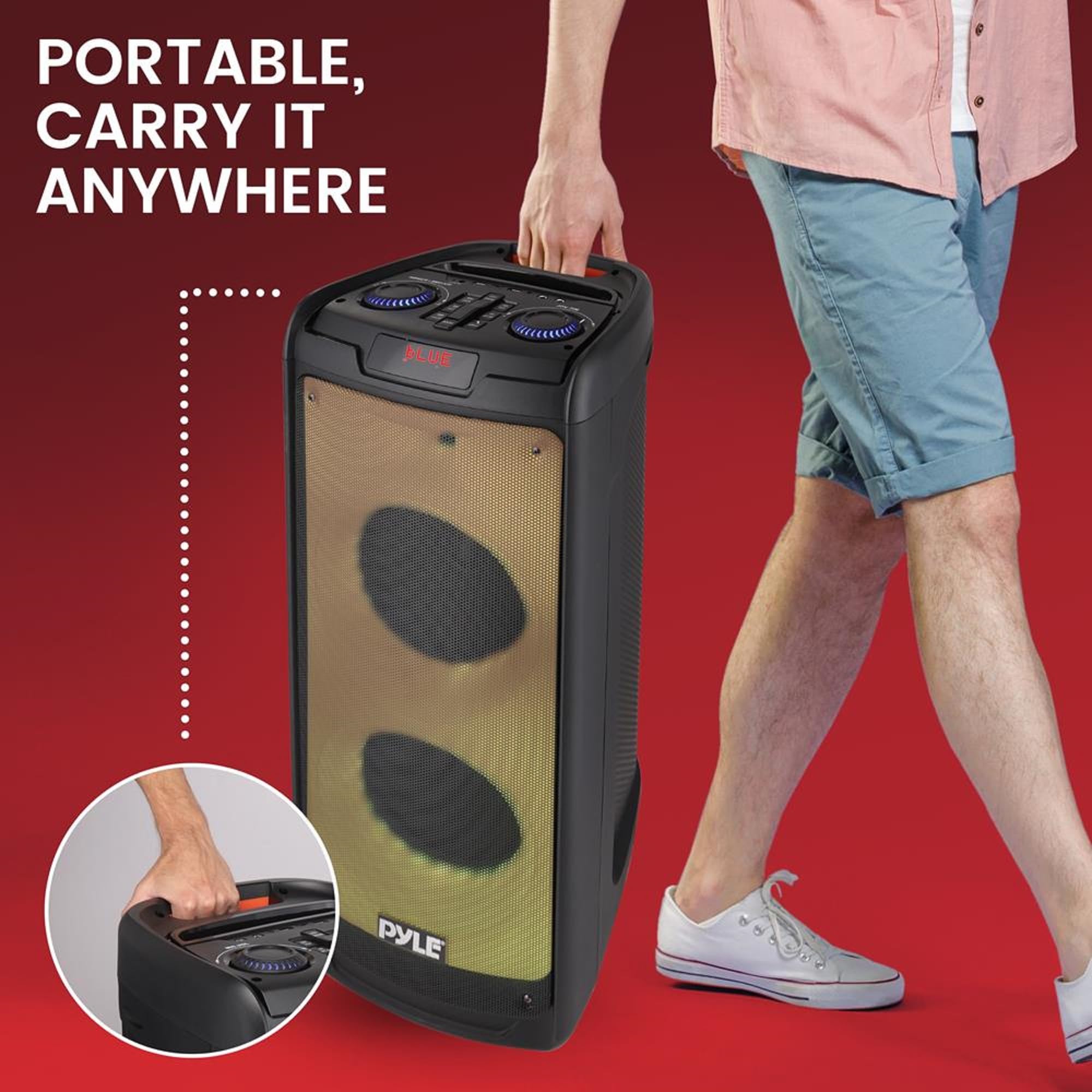 Pyle Portable Bluetooth PA Speaker System - 500W Rechargeable Indoor Outdoor Stereo w/Dual 8β Woofer & Tweeter, Audio Recording, Wireless Microphone, Flaming Light, Radio, MP3/USB/Micro SD, Remote