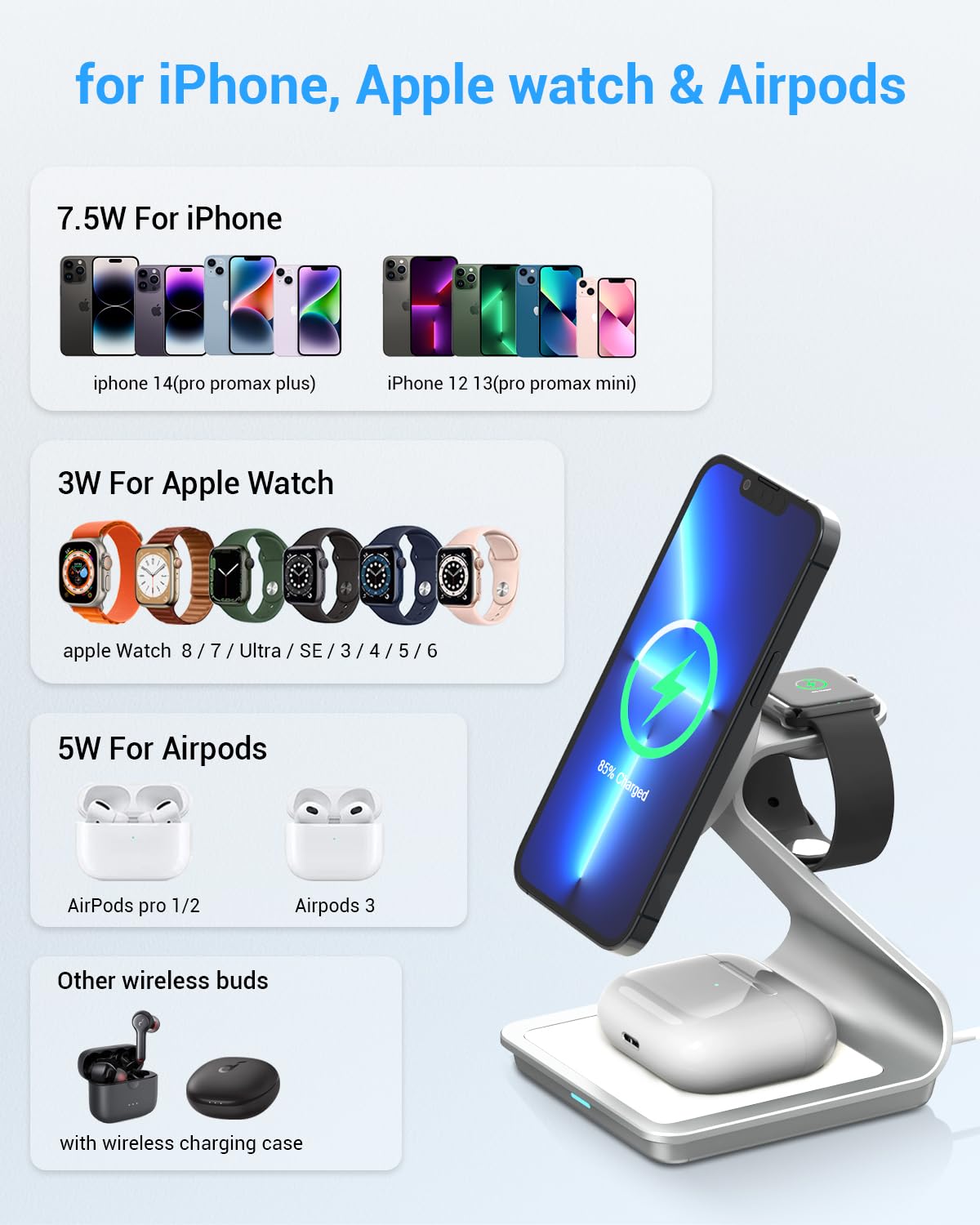 3 in 1 Wireless Charger for MagSafe, Aluminum Alloy Wireless Charging Station, Compatible with iPhone 14/13/12, Apple Watch, AirPods Pro/3/2 (Cable and Wall Charger Included) Silver