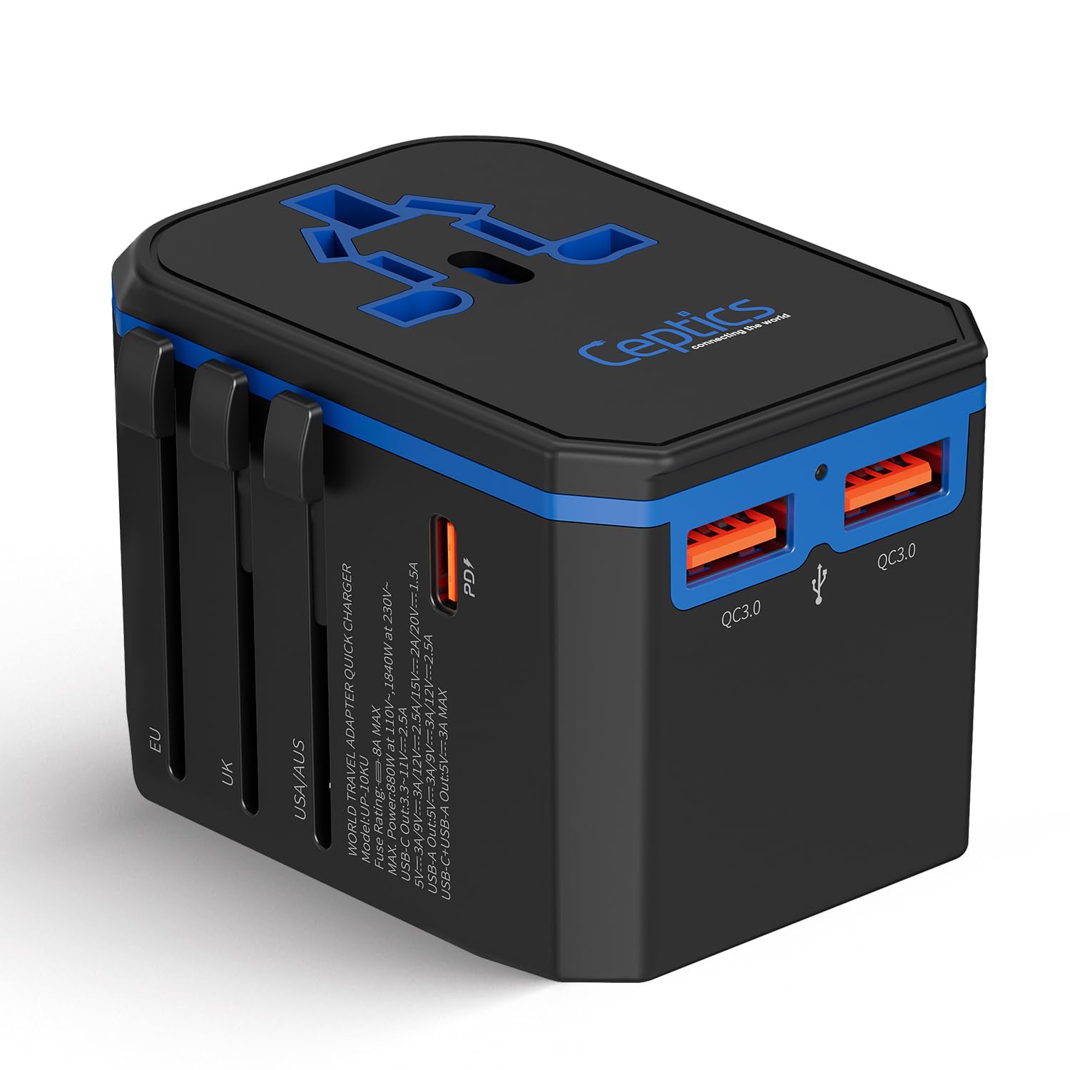 Ceptics International Power Adapter, World Travel adapter w/ PD 30W USB-C - 2 USB-A Ports Universal Adapter, Type A C G I Output for worldwide use, UP-10KU