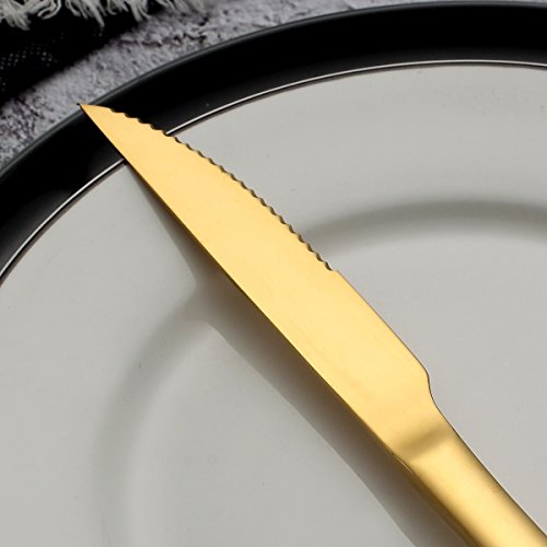 HOMQUEN Gold Steak Knife Set, Stainless Steel and Durable Comfortable Grip Handle, Mirror Polish and Gold Titanium Plated, for Pizza or Steak (Gold, Set of 6)
