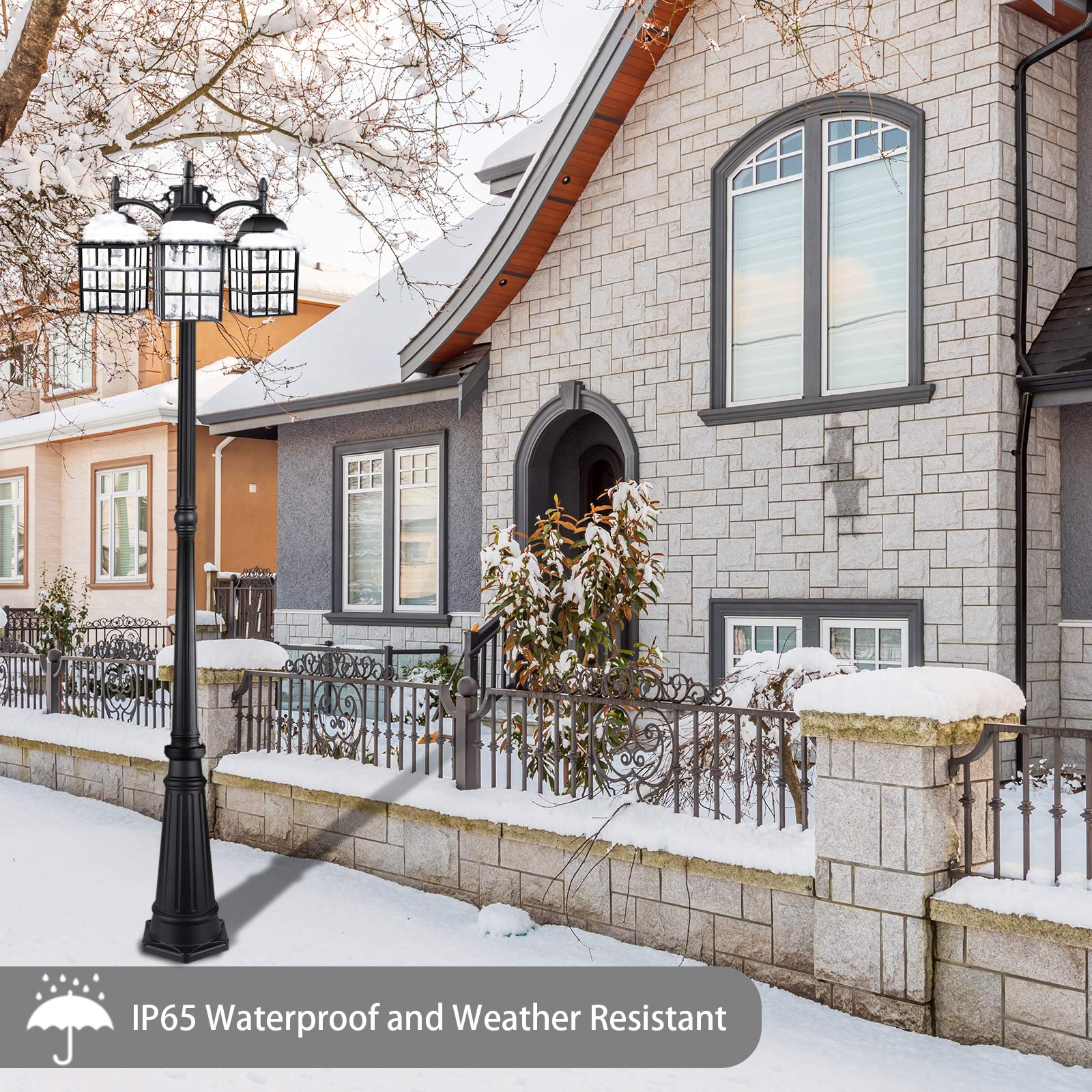 3-Head Outdoor Lamp Post Light Fixture, Dusk to Dawn Aluminum Post Lights Hard Wired, Sensor Pole Lights for Yard, Street Light Posts for outside with Water Ripple Glass Shade, E26 Base