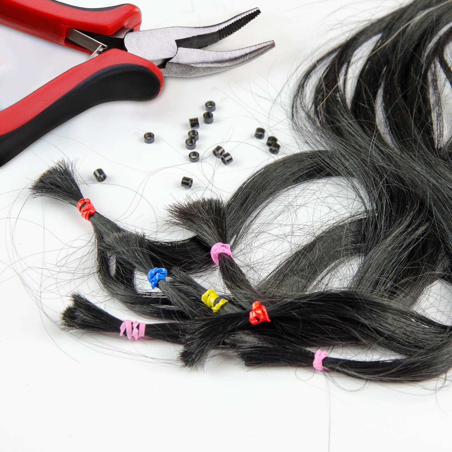 Hair Extension Kit Pliers Pulling Hook Needle Bead Device Tool Kits and 600 Pieces Silicone Lined Micro Rings (Black, Blonde and Brown Beads)