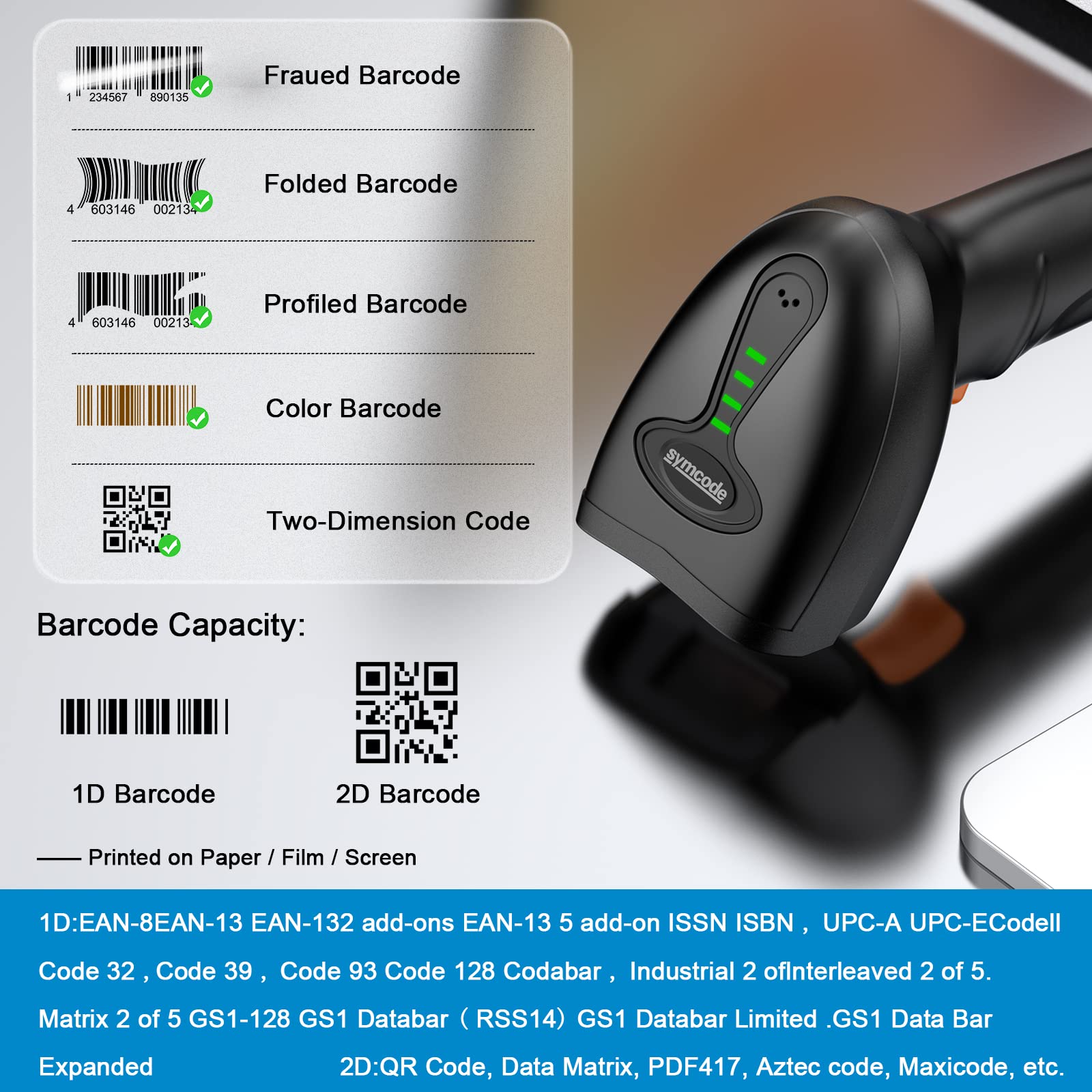 Bluetooth Barcode Scanner with Stand,2.4G Wireless & USB 2D QR Handheld Barcode Reader Scanner for Library Book, Warehouse Inventory, Store