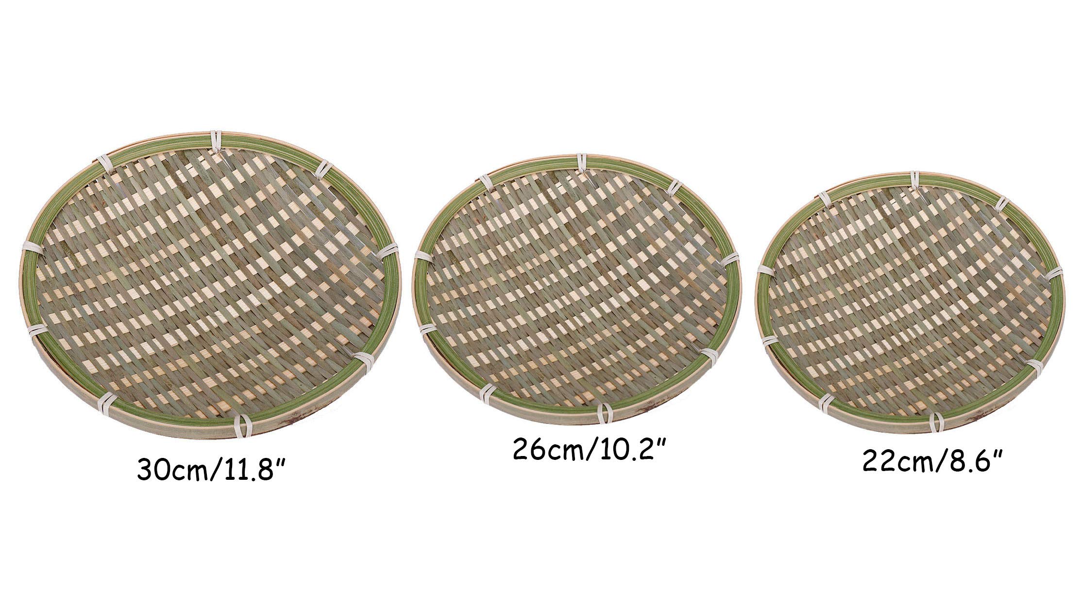 3Packs 100% Handwoven Flat Wicker Round Fruit Bamboo Basket Woven Food Storage Weaved Shallow Tray Holder Bowl Decorative Rack Display for Food Fruit Serving Stand Decor (Green, 3Pcs Bulk Price)